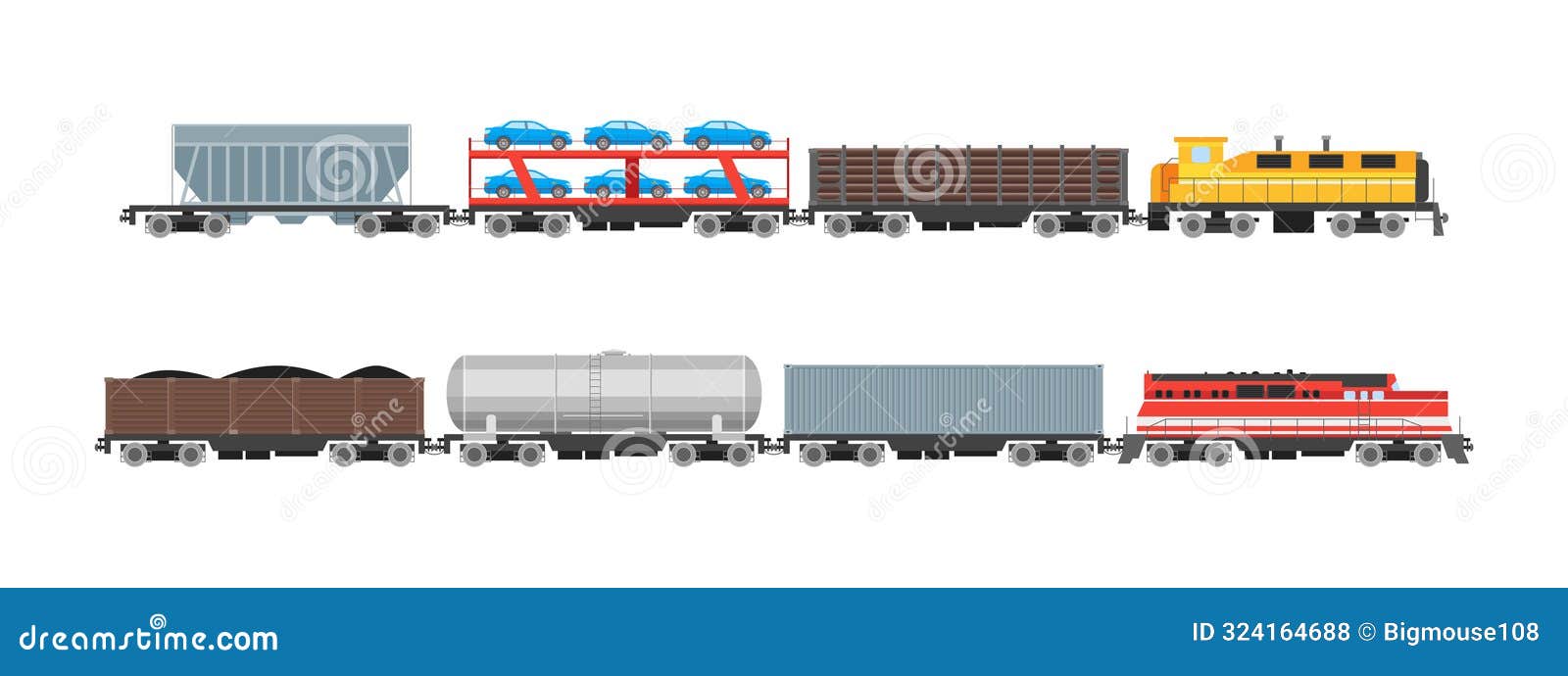 Cartoon Color Railroad Engine with Wagons Set. Vector Stock ...