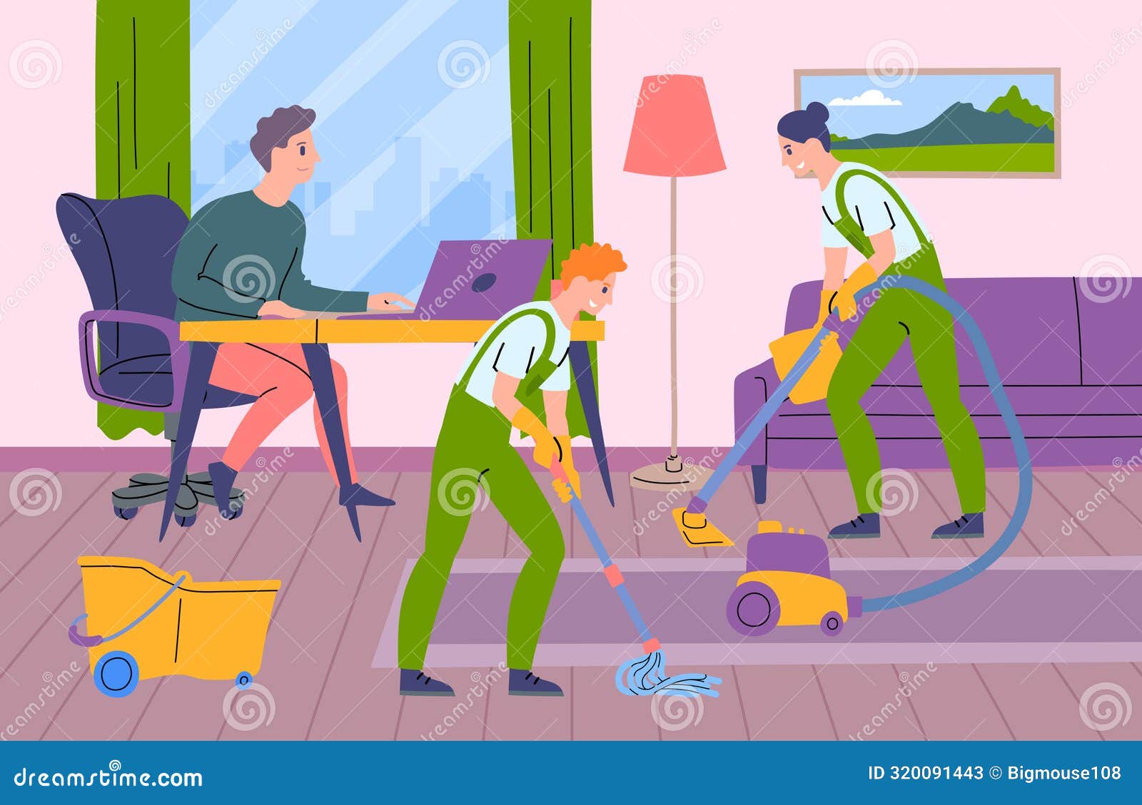 Cartoon Color Scene Characters Cleaner and Man Working on Computer ...