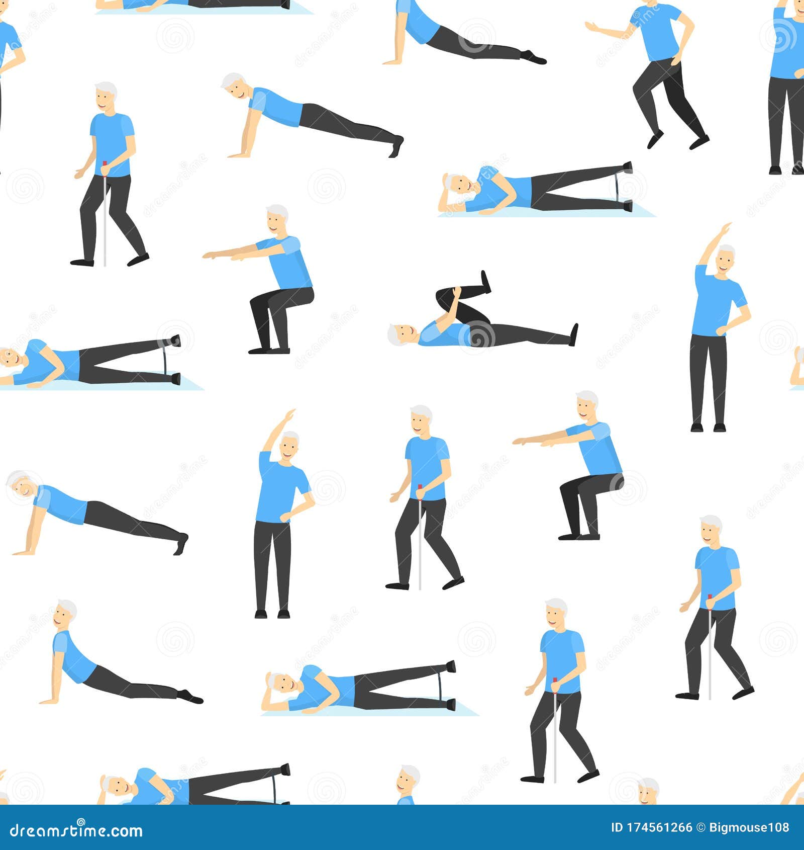 Cartoon Color Senior Exercise of Male Characters Seamless Pattern ...