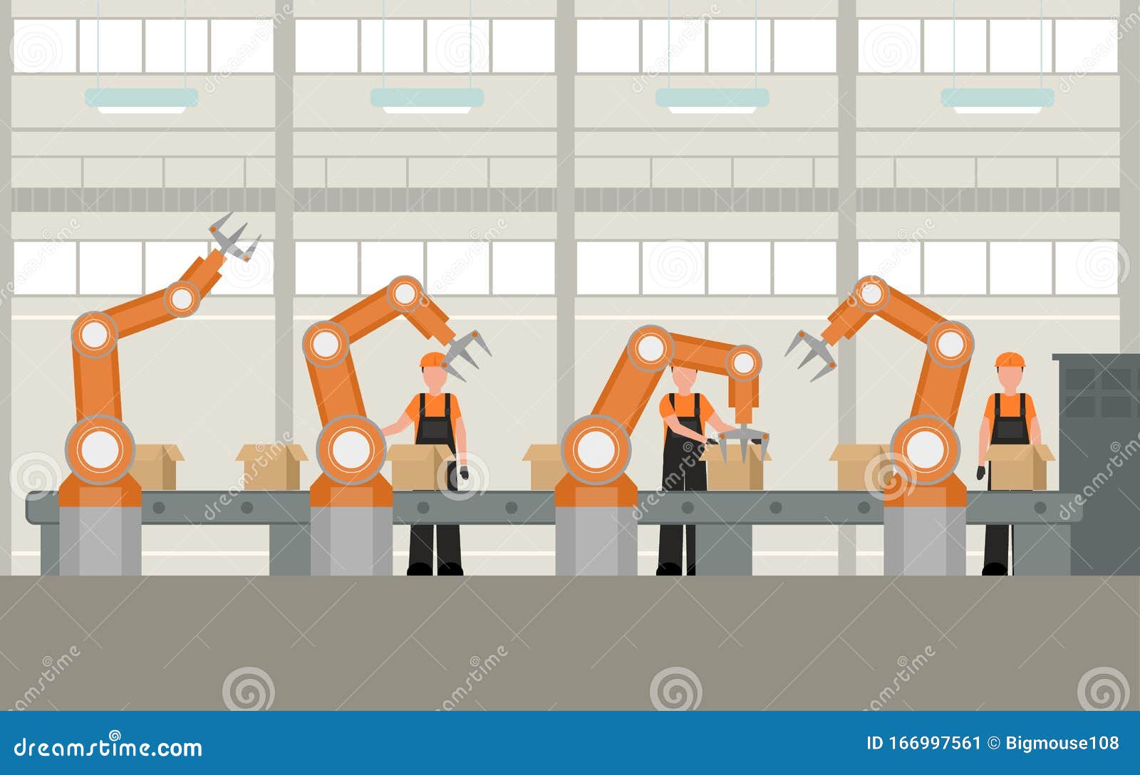 Cartoon Color Smart Factory Inside Interior on a Windows. Vector Stock ...