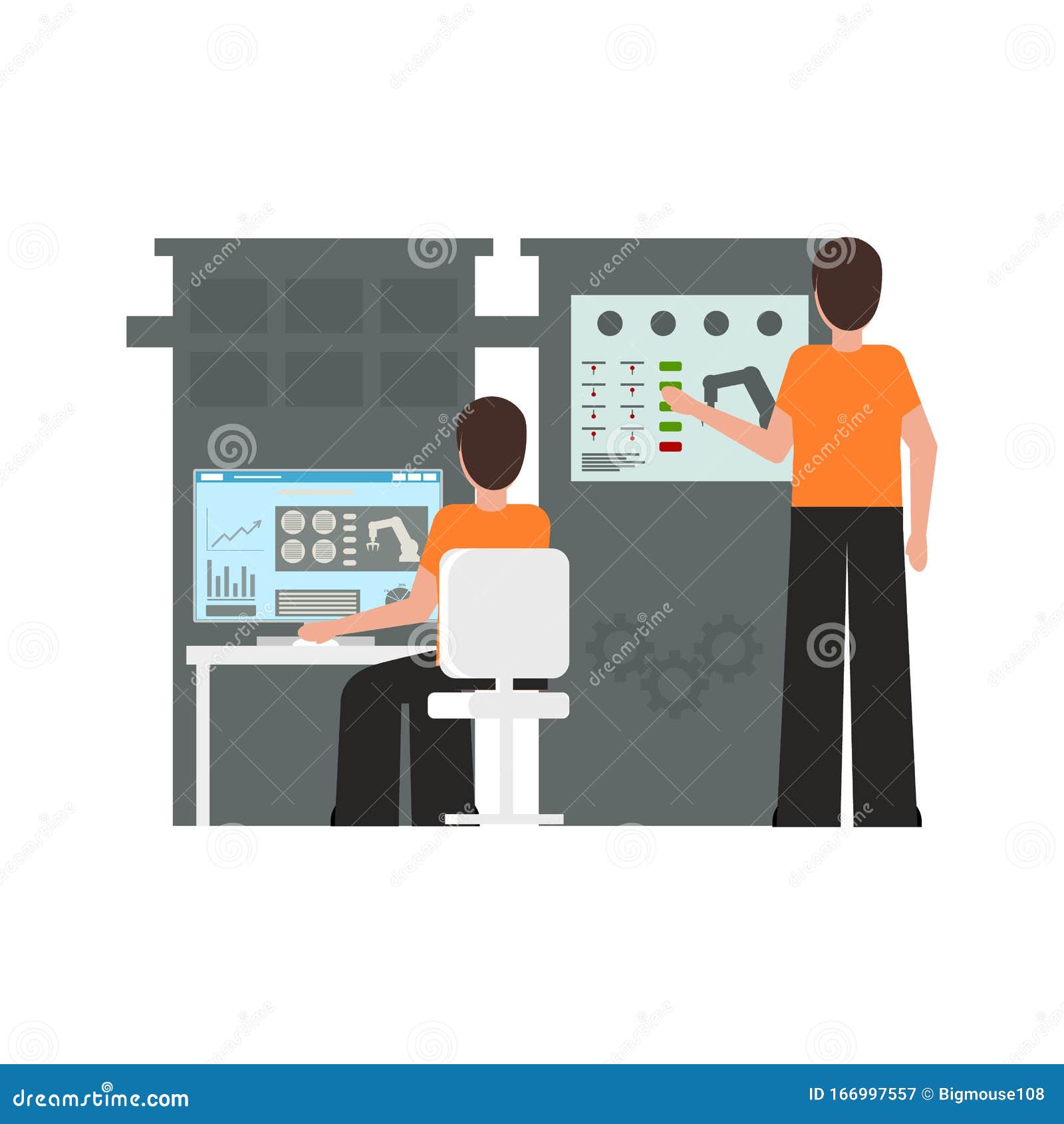 Cartoon Color Smart Factory Worker and Robot Element. Vector Stock ...