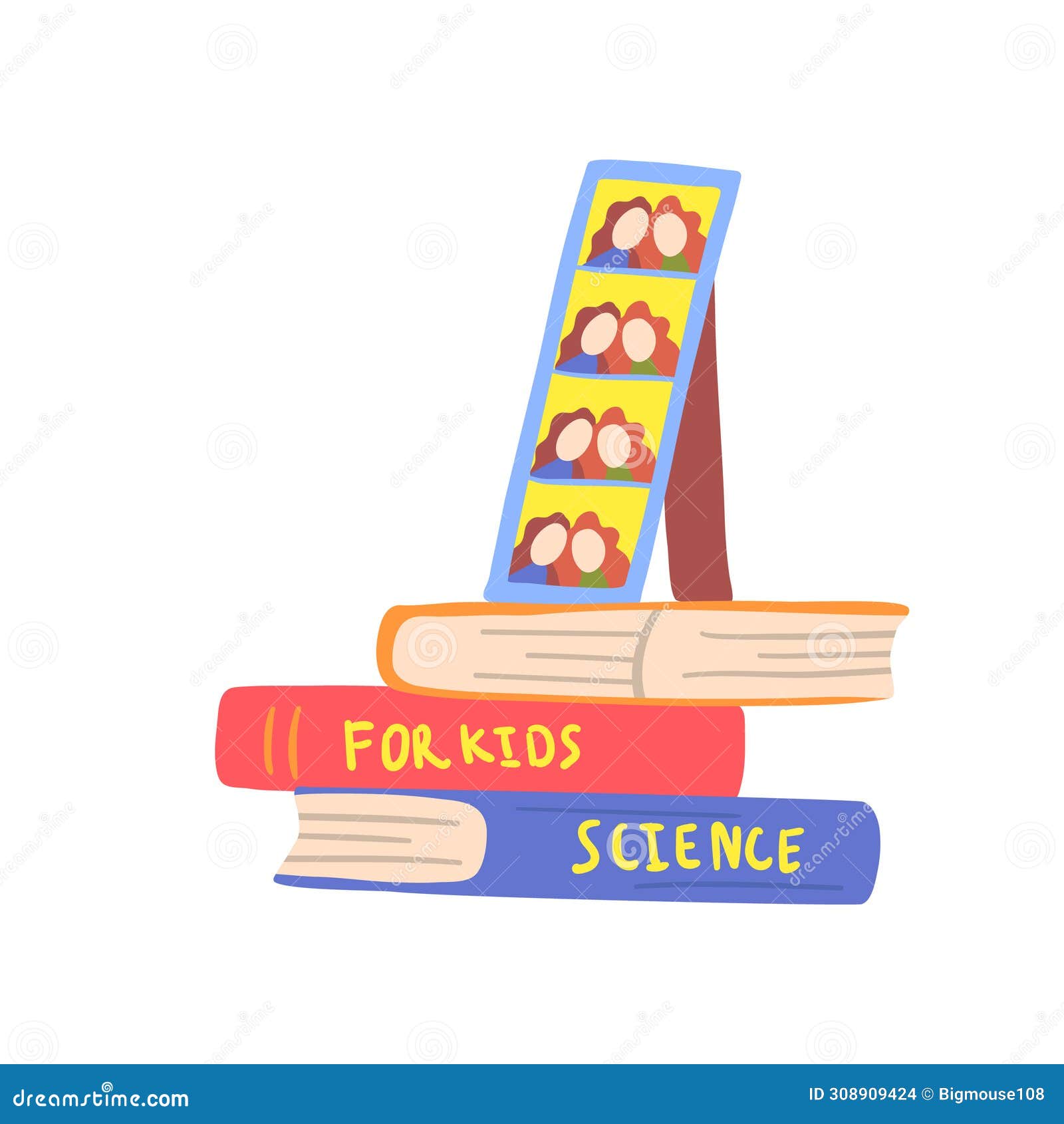 Cartoon Color Stack Books and Photo Frame with Two Friends Set Concept ...