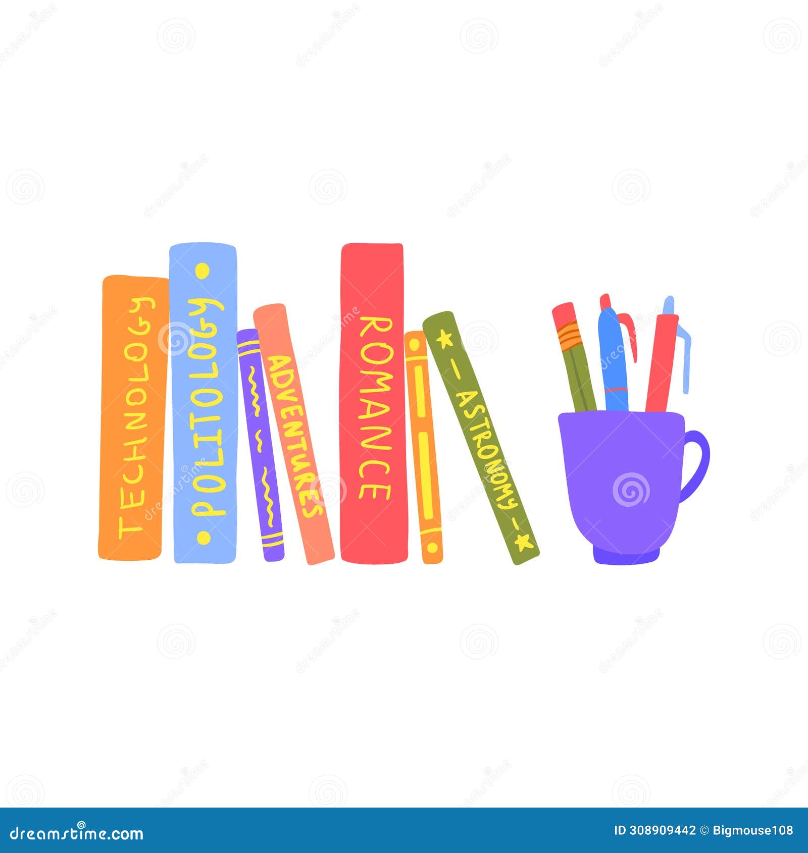 Cartoon Color Stack Different Stack Books and Mug with Pens Concept ...