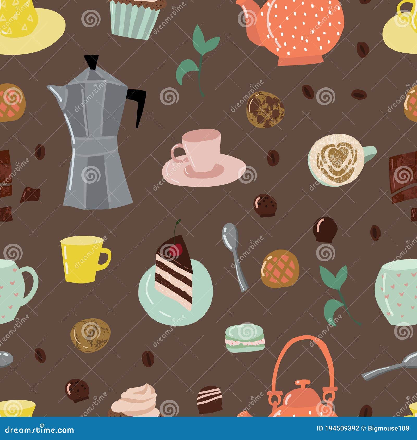 Cartoon Color Tea and Sweets Seamless Pattern Background. Vector Stock ...