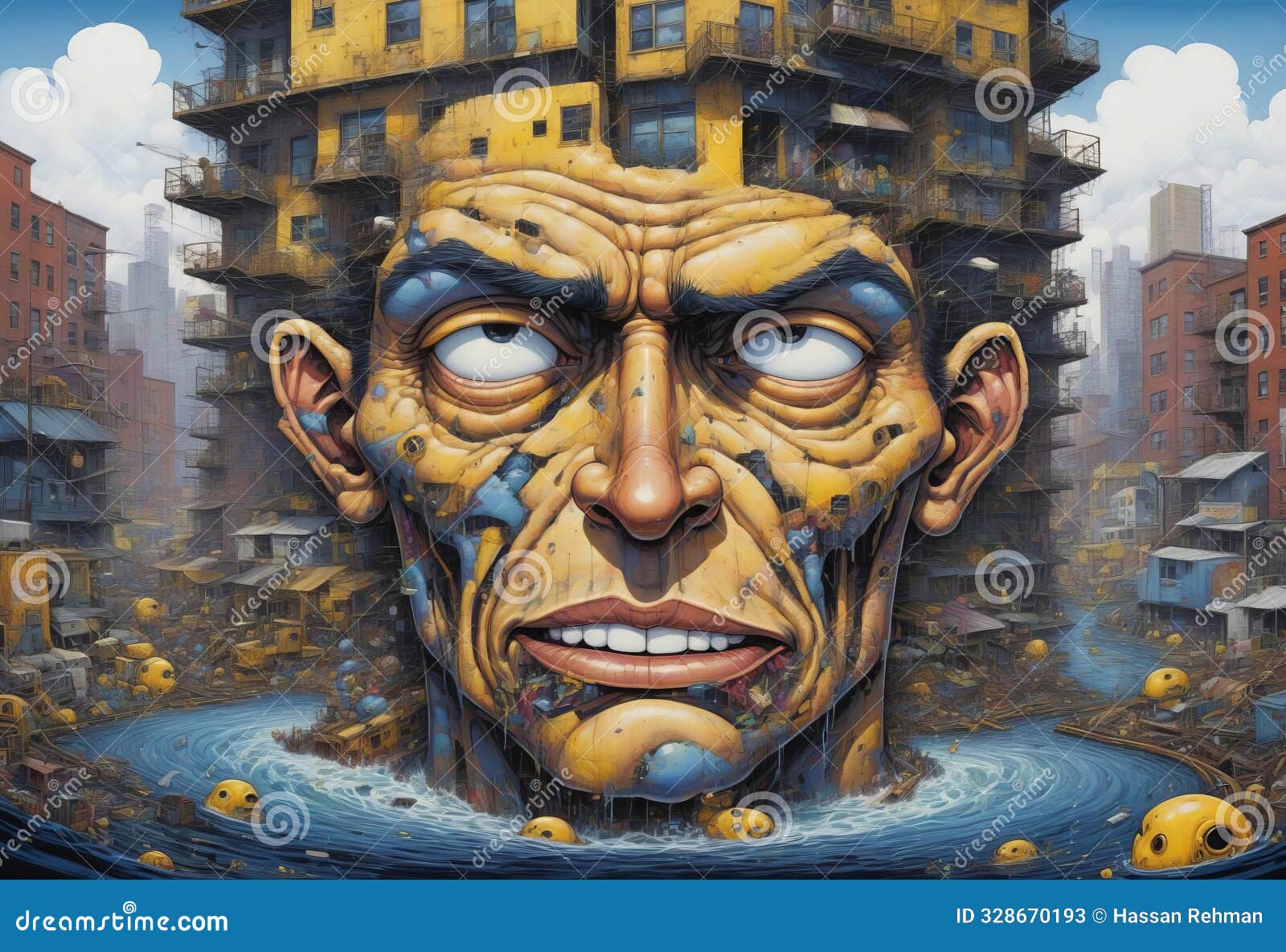 Cartoon with a Colorful Face Surrounded by a City Stock Illustration ...