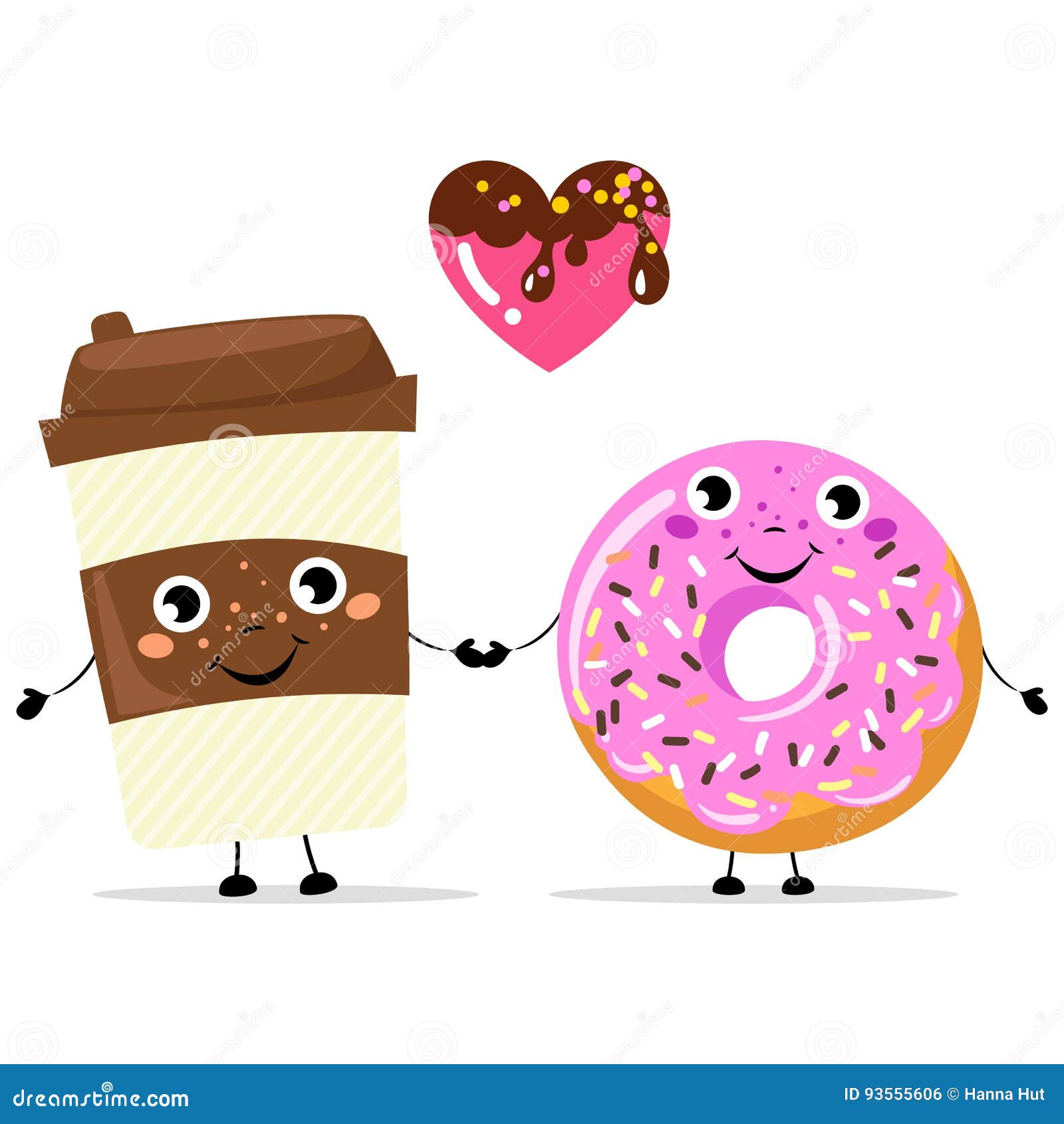 Cartoon Comic Coffee Cup And Donut With Smile Face. Vector Illustration ...