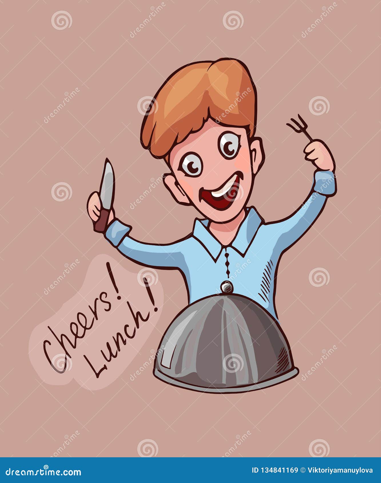 Cartoon Comic Guy with Knife and Fork Looking Forward To Lunch or ...