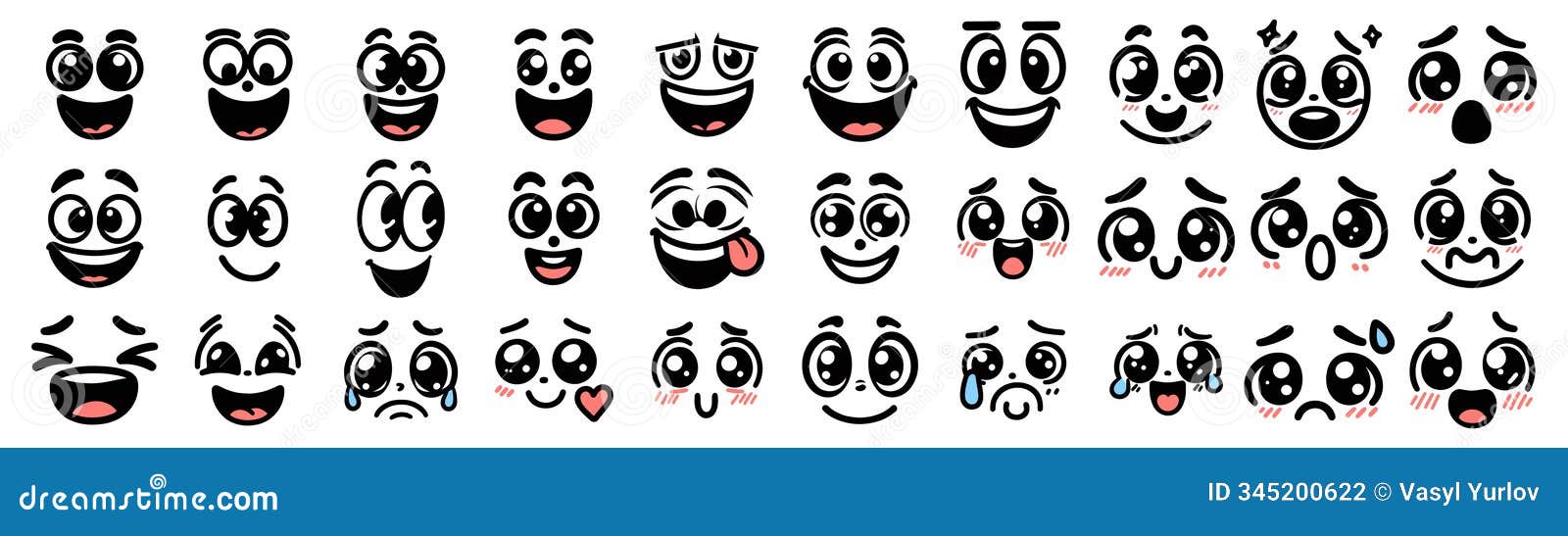 Cartoon and Comics Characters Faces. Traditional Emotions Vector ...