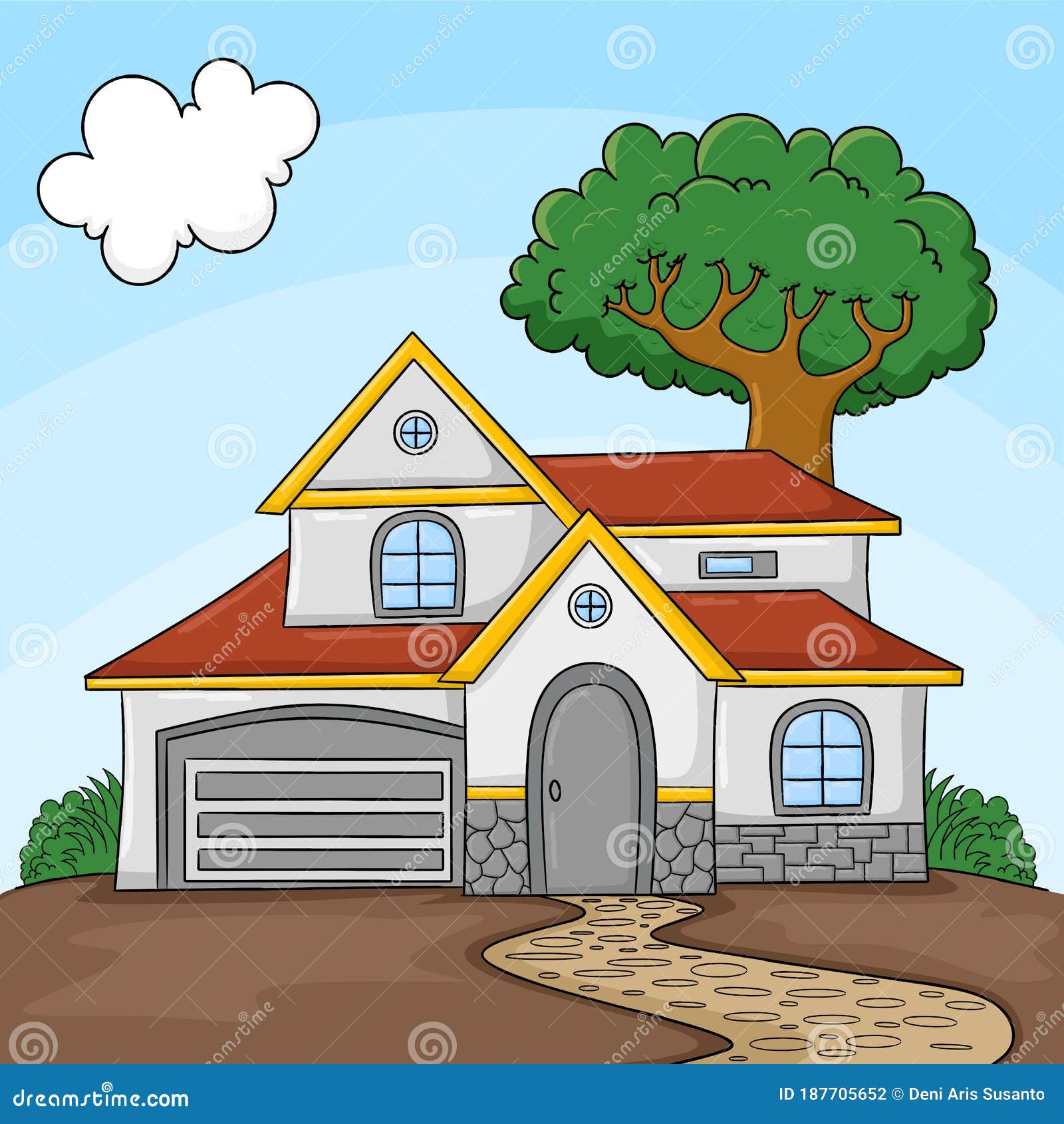 Cartoon Common House Scene with Grass Yard Tree Stock Vector ...