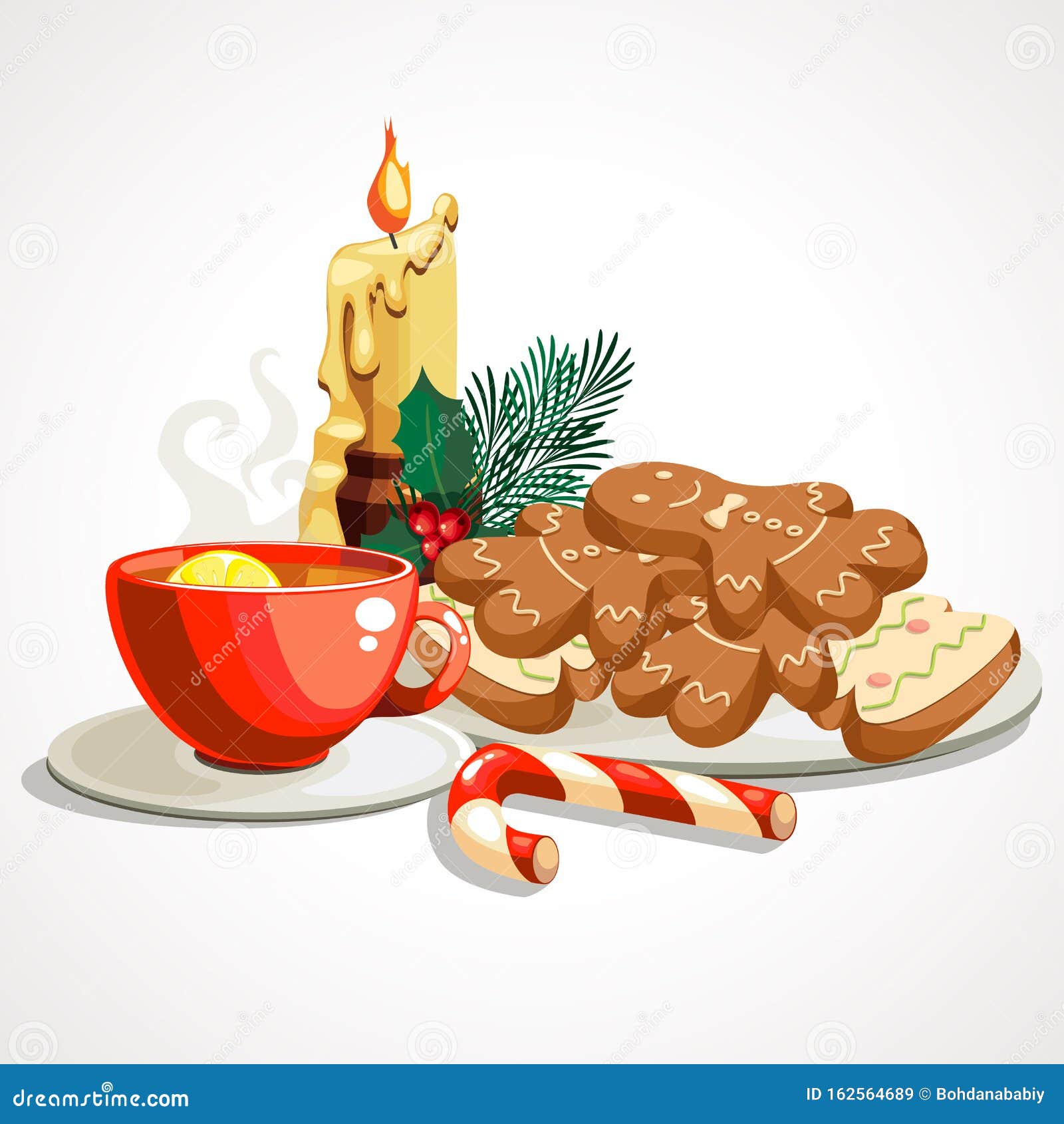 Cartoon Composition of Christmas Gingerbread and Cup of Tea Stock ...