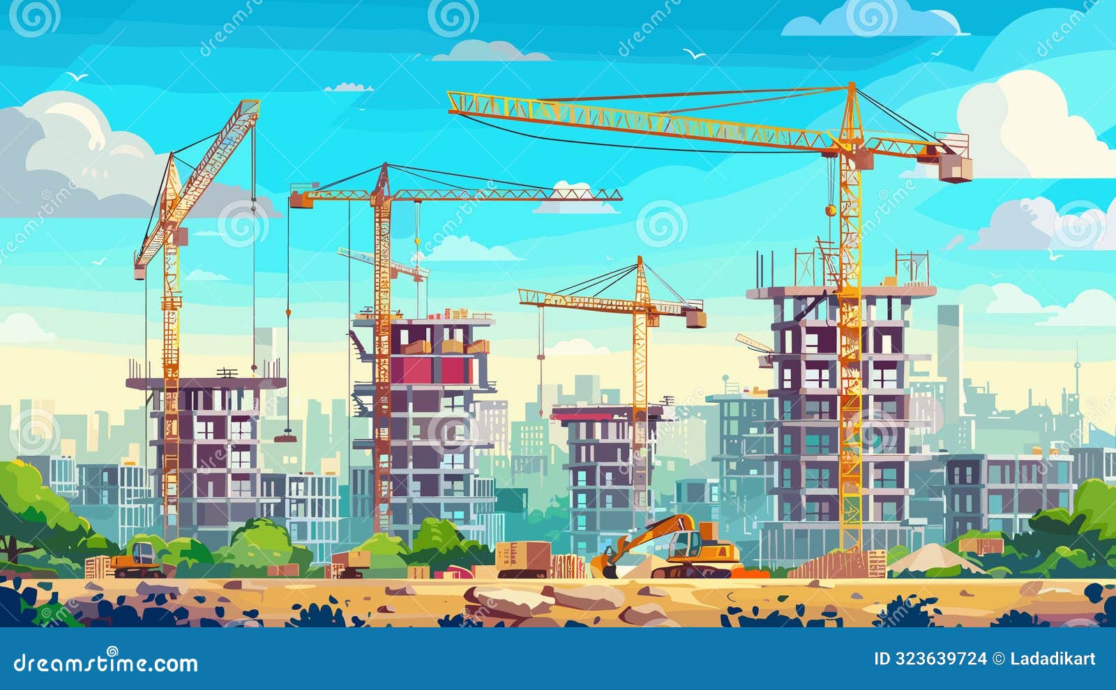 Cartoon Construction Site with Unfinished Multi-storey Buildings and ...