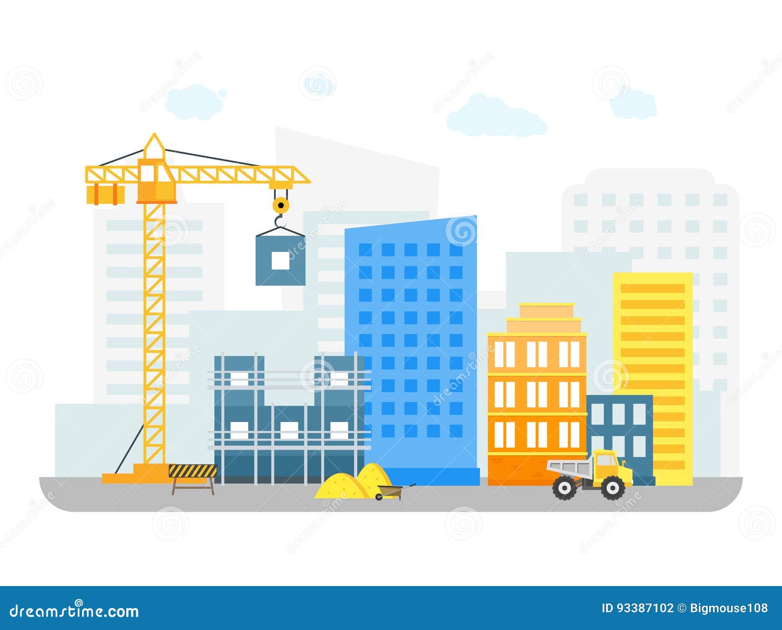 Cartoon Constructions Building on Background of City District. Vector ...