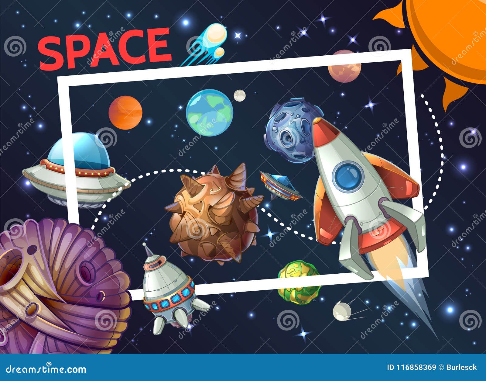 Cartoon Cosmic Background: Cute Planets, Moon, Shooting Stars, Galaxy ...