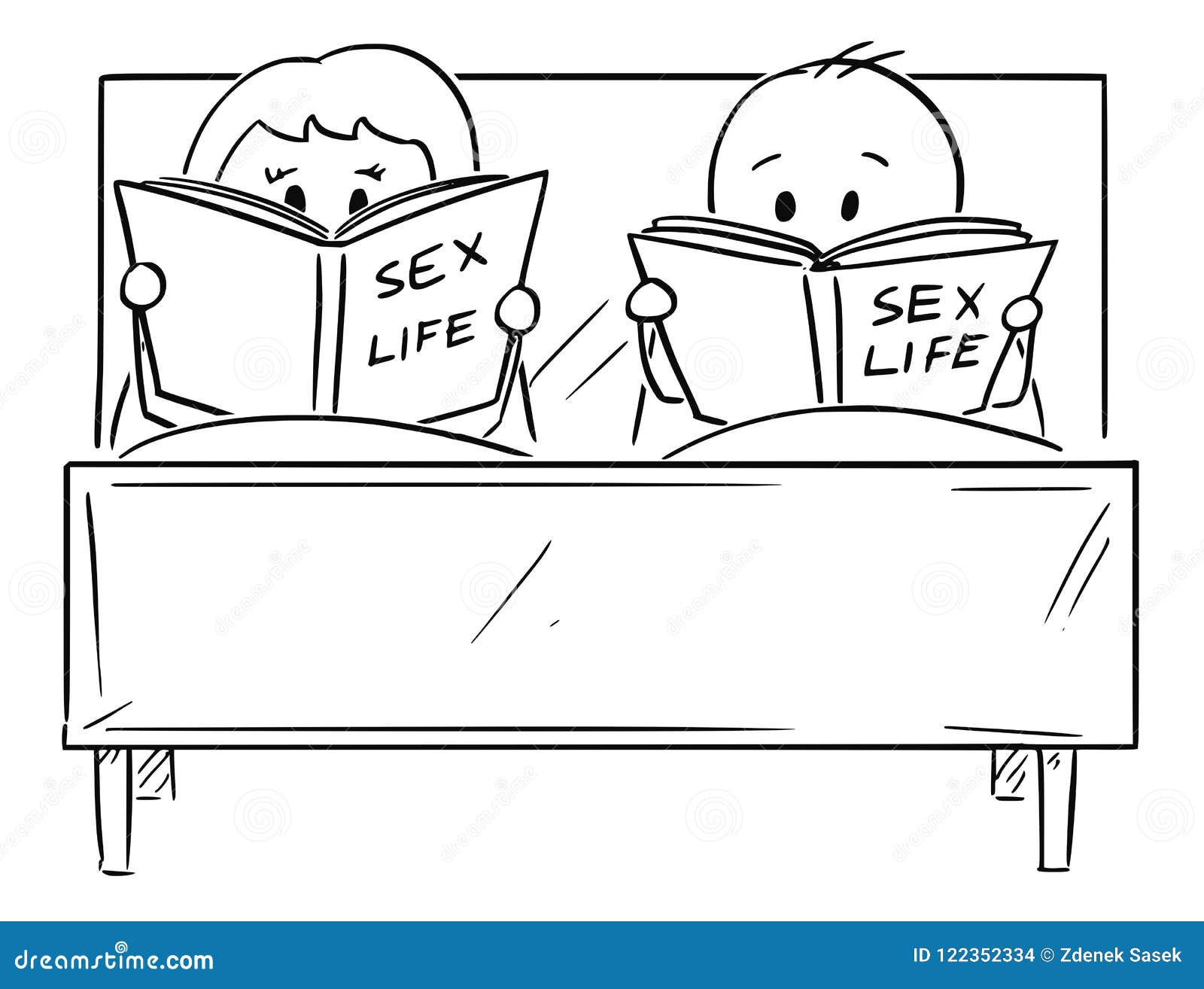Cartoon Of Couple In Bed Both Man And Woman Are Reading Book About Sex