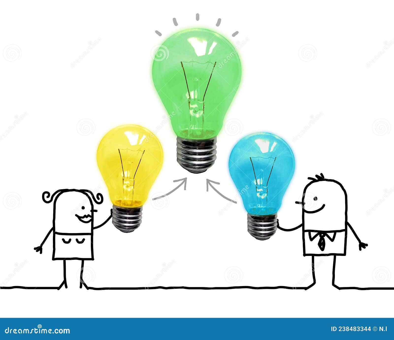 Cartoon Couple Creating a New Idea with Light Bulbs Stock Photo - Image ...