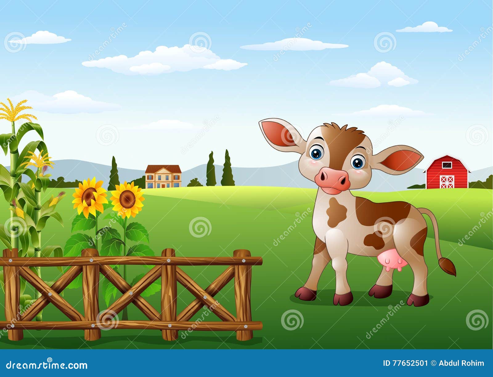 Cartoon Cow with Farm Landscape Stock Vector - Illustration of adorable ...