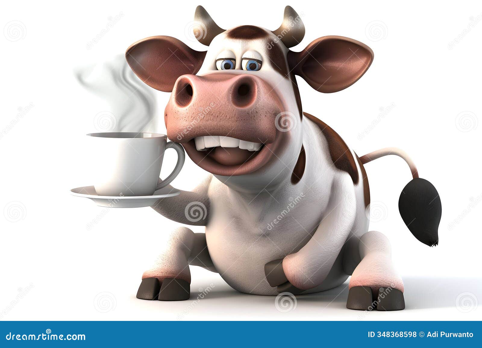 A Cartoon Cow Happily Holding a Steaming Cup of Coffee Stock ...