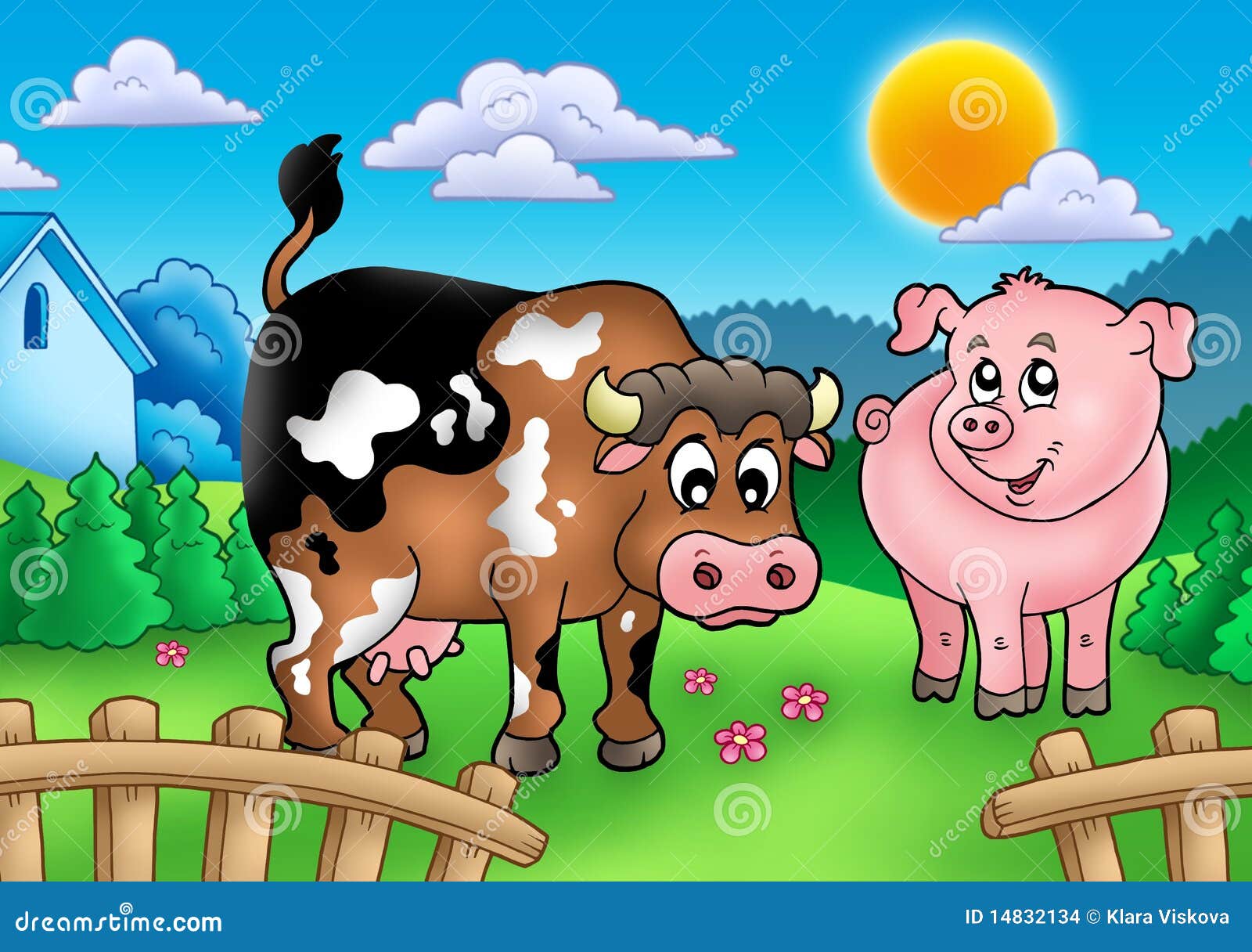 Cartoon Cow And Pig Behind Fence | CartoonDealer.com #14832134