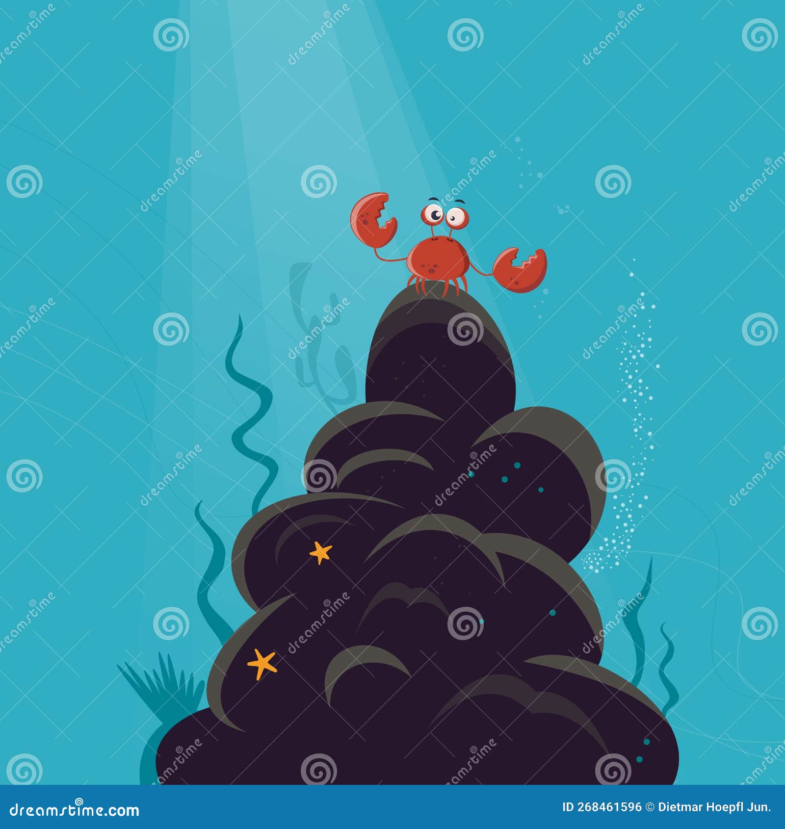 Funny Cartoon Crab Standing on a Rock Underwater Stock Vector ...