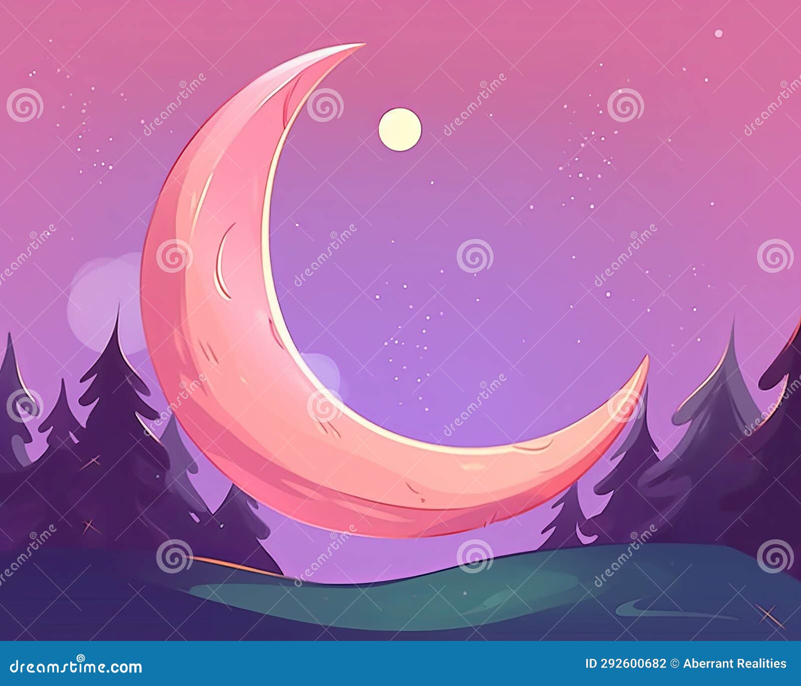 A Cartoon Crescent Moon with Trees in the Background Stock Illustration ...