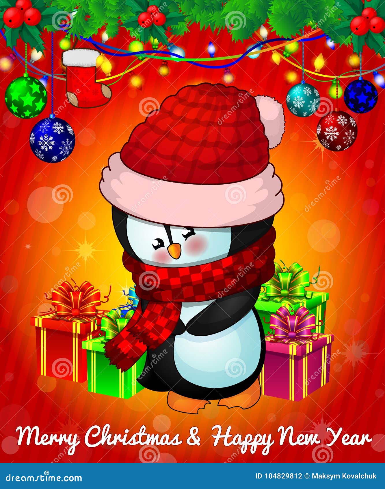 Cartoon Cristmas Penguin with Gift Boxes on Red Background. Stock ...