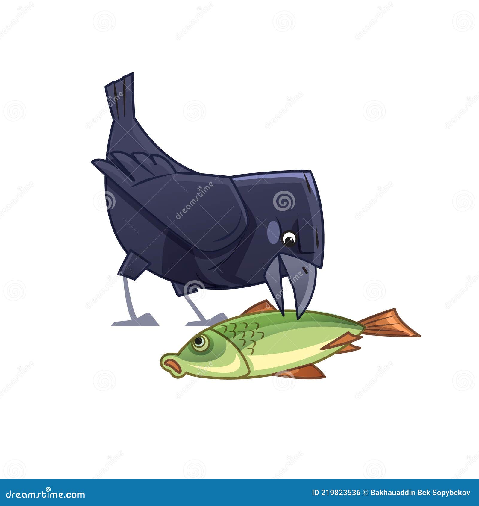 Cartoon Crow Eats Fish. Raven Bird Character. Vector Illustration ...