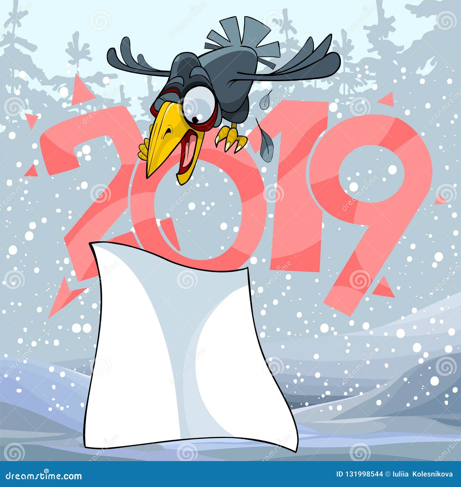 Cartoon Crow on the Sign of 2019 and a Blank Sheet in the Winter Forest ...
