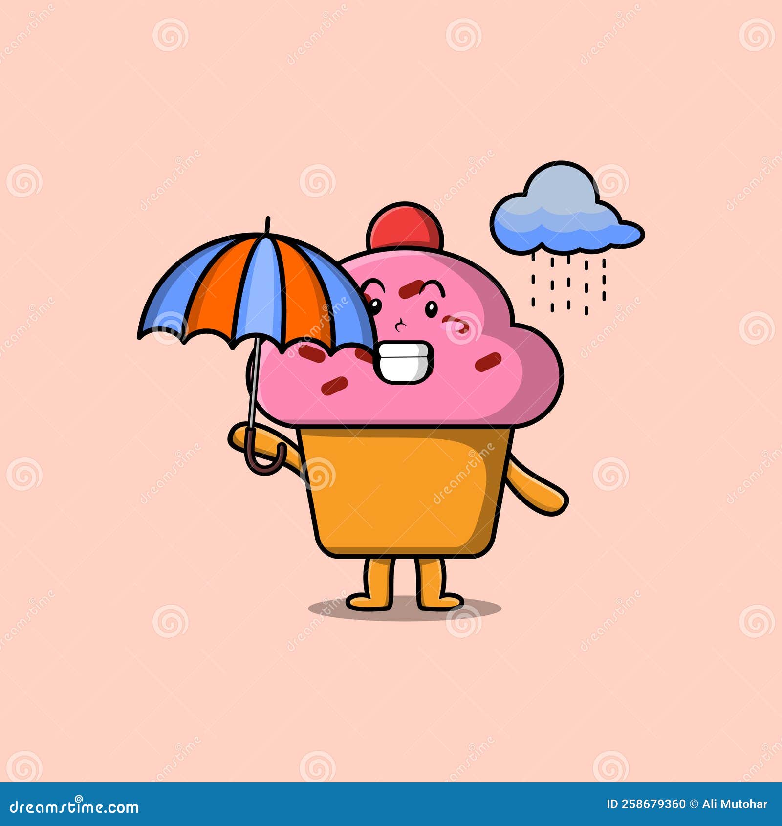 Cartoon Cupcake in the Rain and Using an Umbrella Stock Vector ...