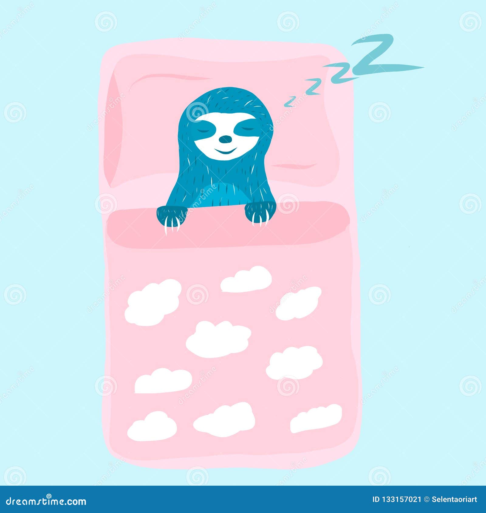 Cartoon Cute Blue Sloth Sleeping Stock Vector - Illustration of blanket ...