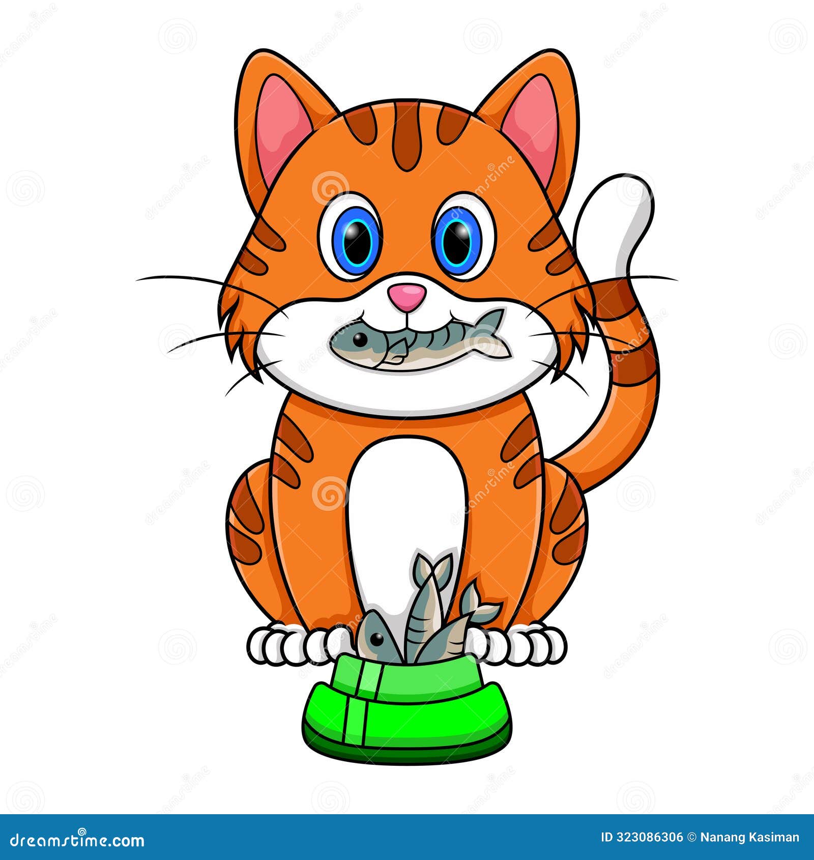 Cartoon Cute Cat Eating Fish Stock Vector - Illustration of drawing ...