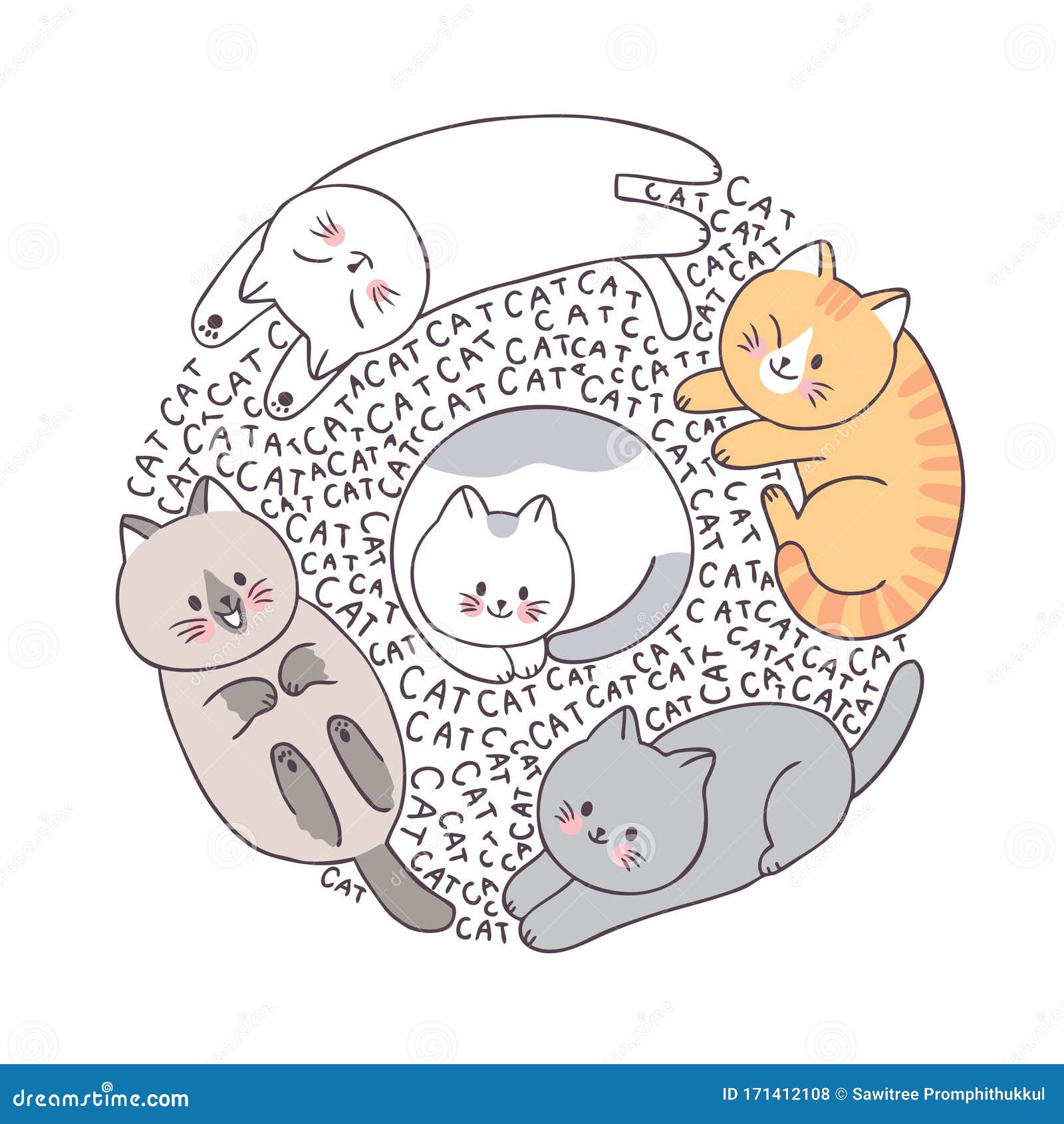 Cartoon Cute Cats Vector. Doodle Circle Frame. Stock Illustration ...