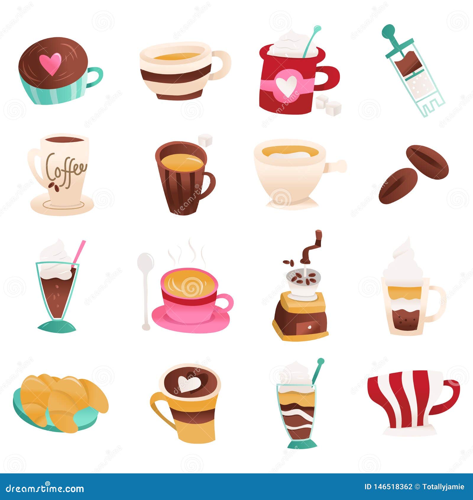 Cartoon Cute Coffee Cafe Icon Set Stock Illustration - Illustration of ...