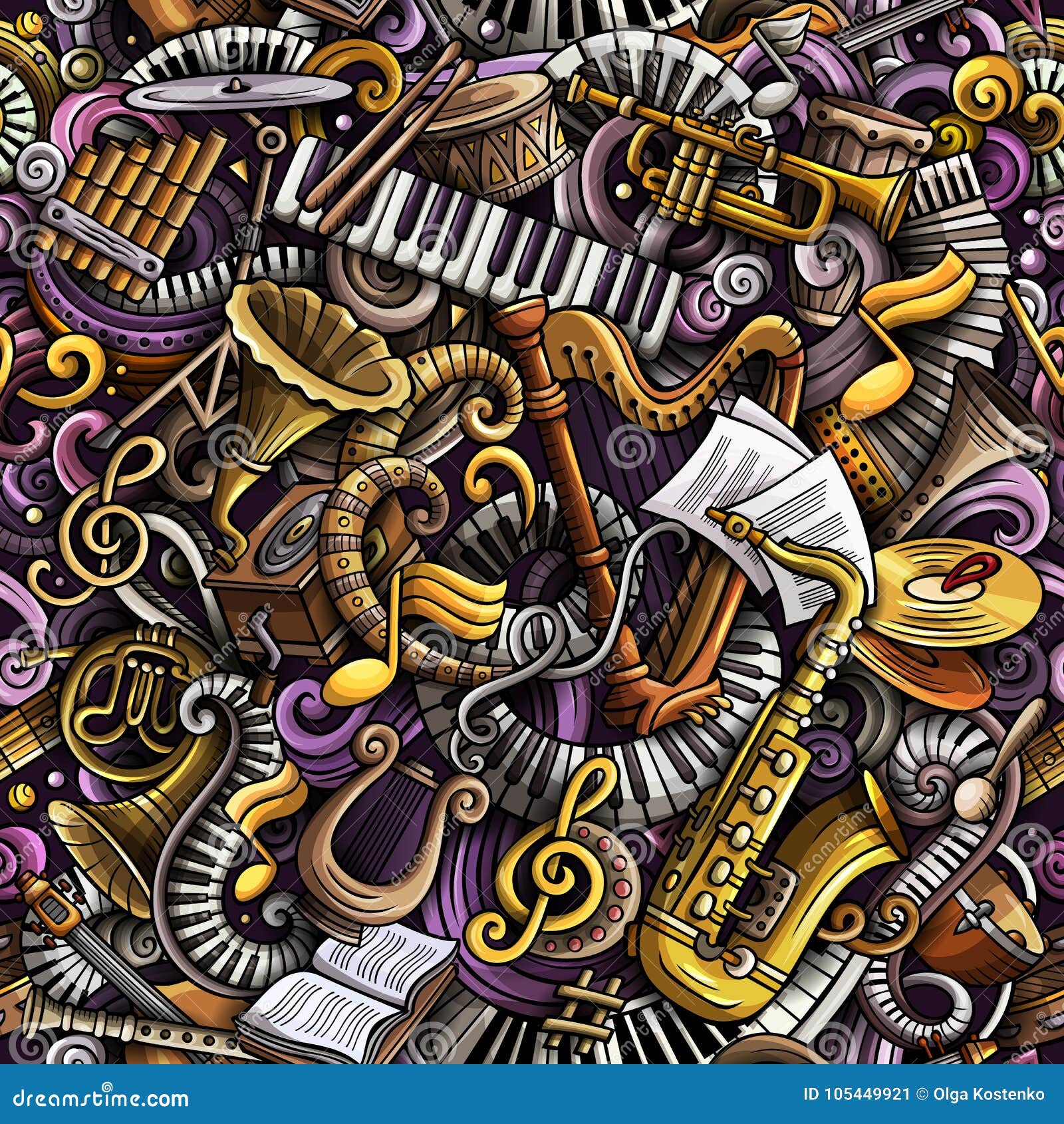 Cartoon Cute Doodles Classical Music Seamless Pattern Stock Vector ...