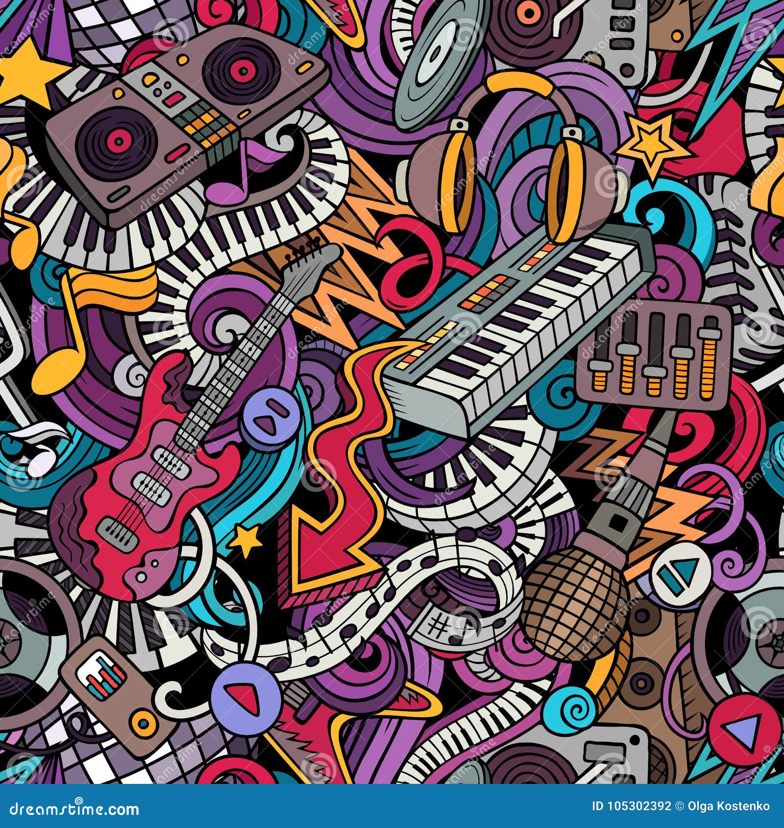 Cartoon Cute Doodles Disco Music Seamless Pattern Stock Vector ...