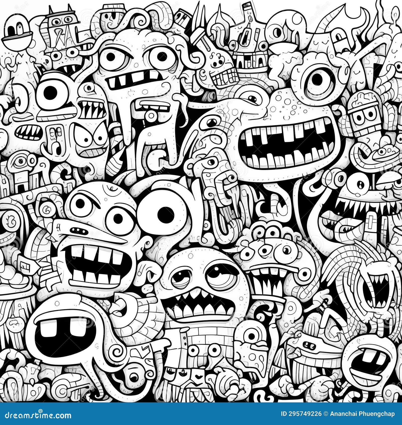 Cartoon Cute Doodles Hand Drawn Monsters Seamless Pattern Stock ...