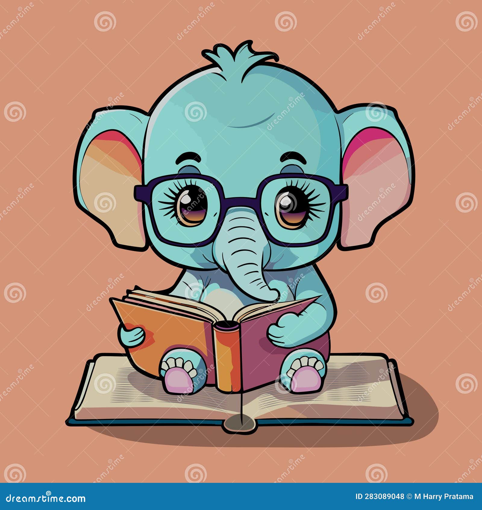 Cartoon Cute Elephant with Glasses Reading a Book. Stock Vector ...