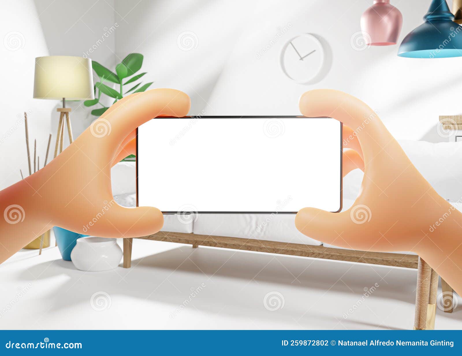 Cartoon Cute Hand Holding Landscape Phone On Living Room Real World