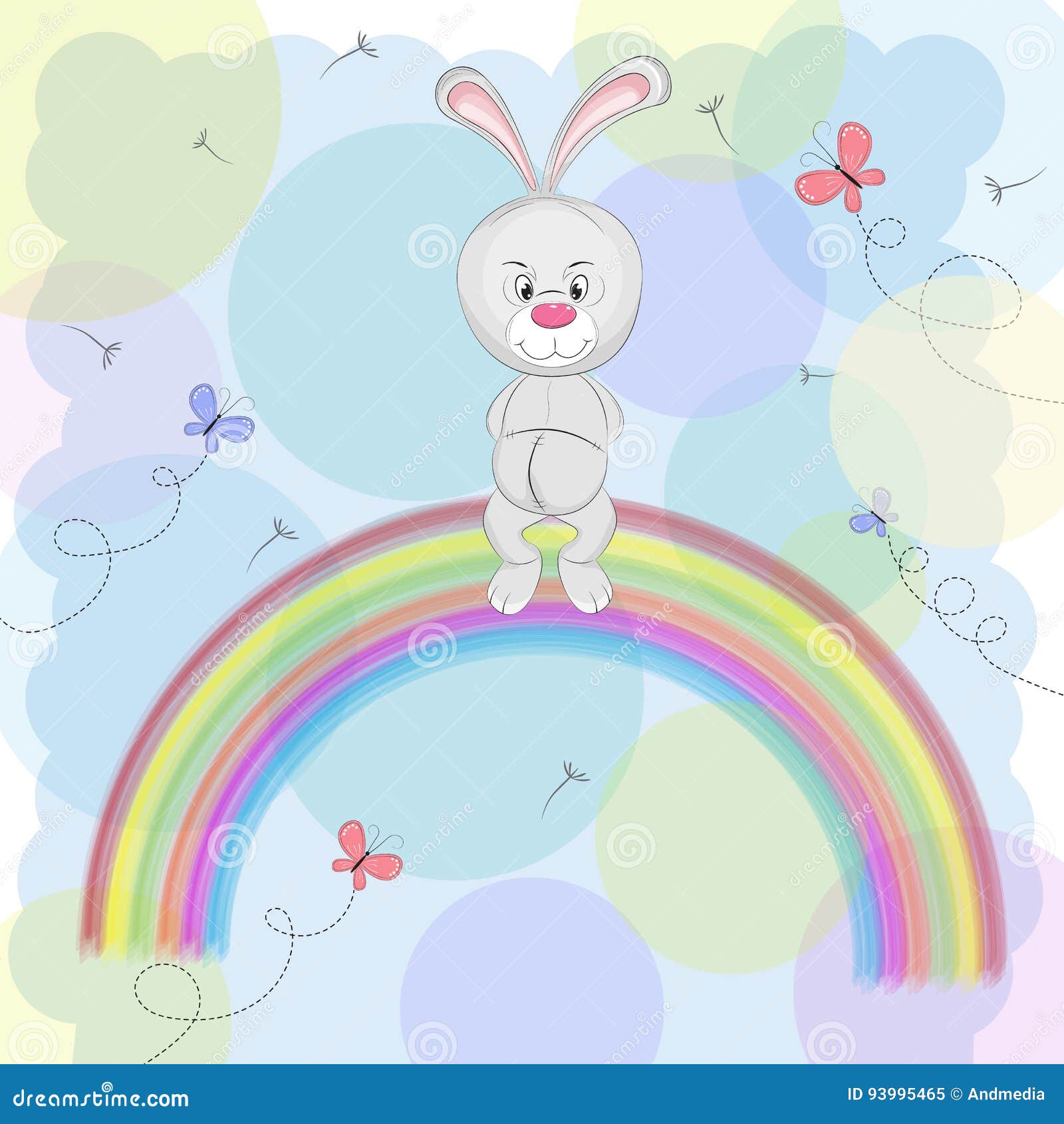 Cartoon a Cute Happy Rabbit Sitting on the Rainbow. Stock Vector ...