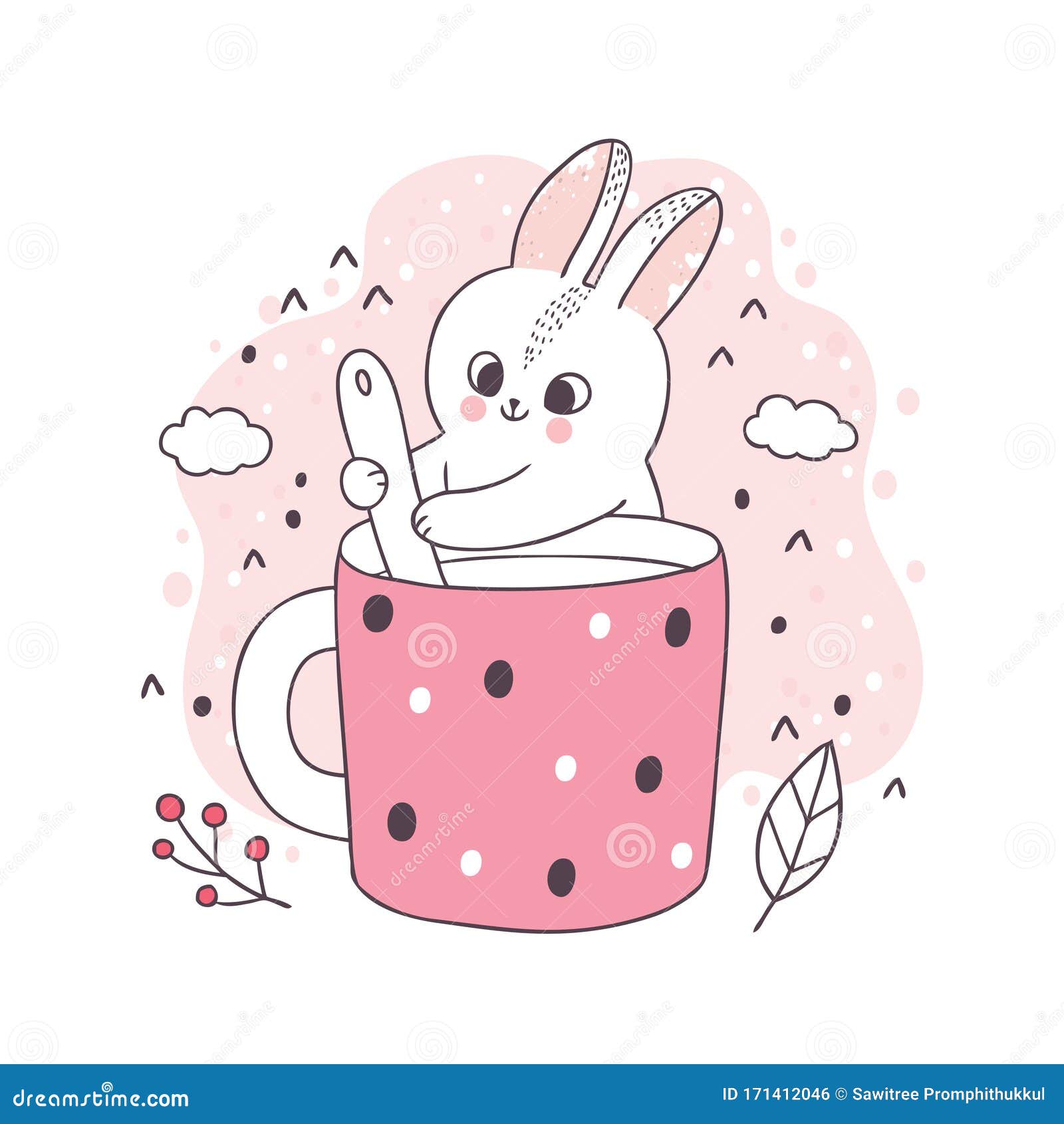 Cartoon Cute Rabbit and Coffee Cup Vector. Stock Illustration ...