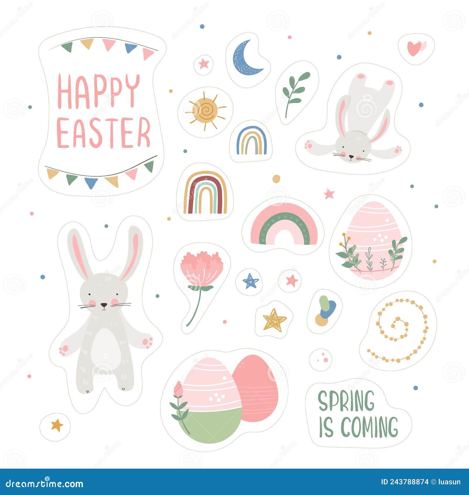 Cartoon Cute Rabbits Stickers with Easter Eggs and Rabbit Stock Vector ...