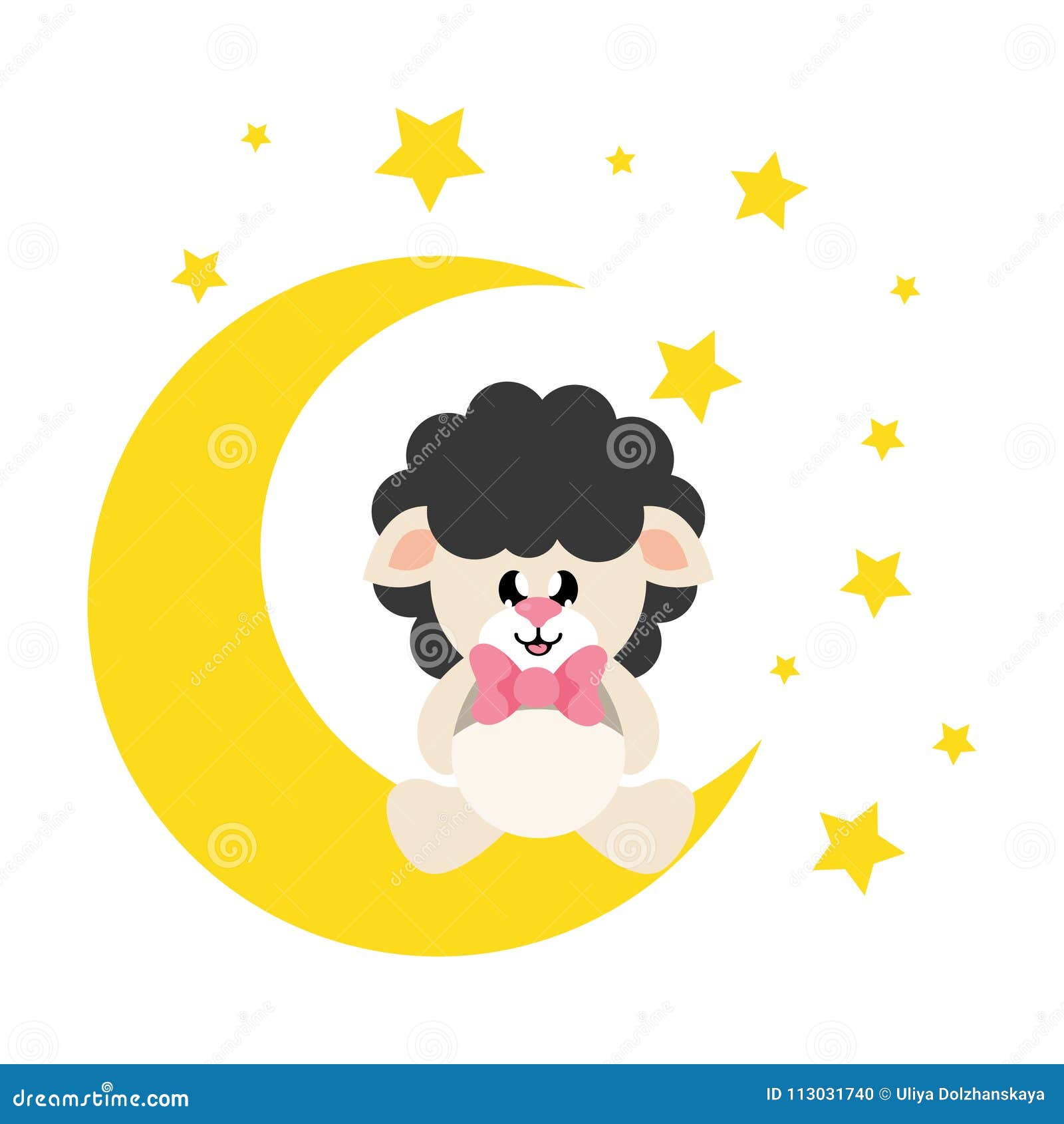 Cartoon Cute Sheep Black with Tie Sitting on the Moon Stock Vector ...