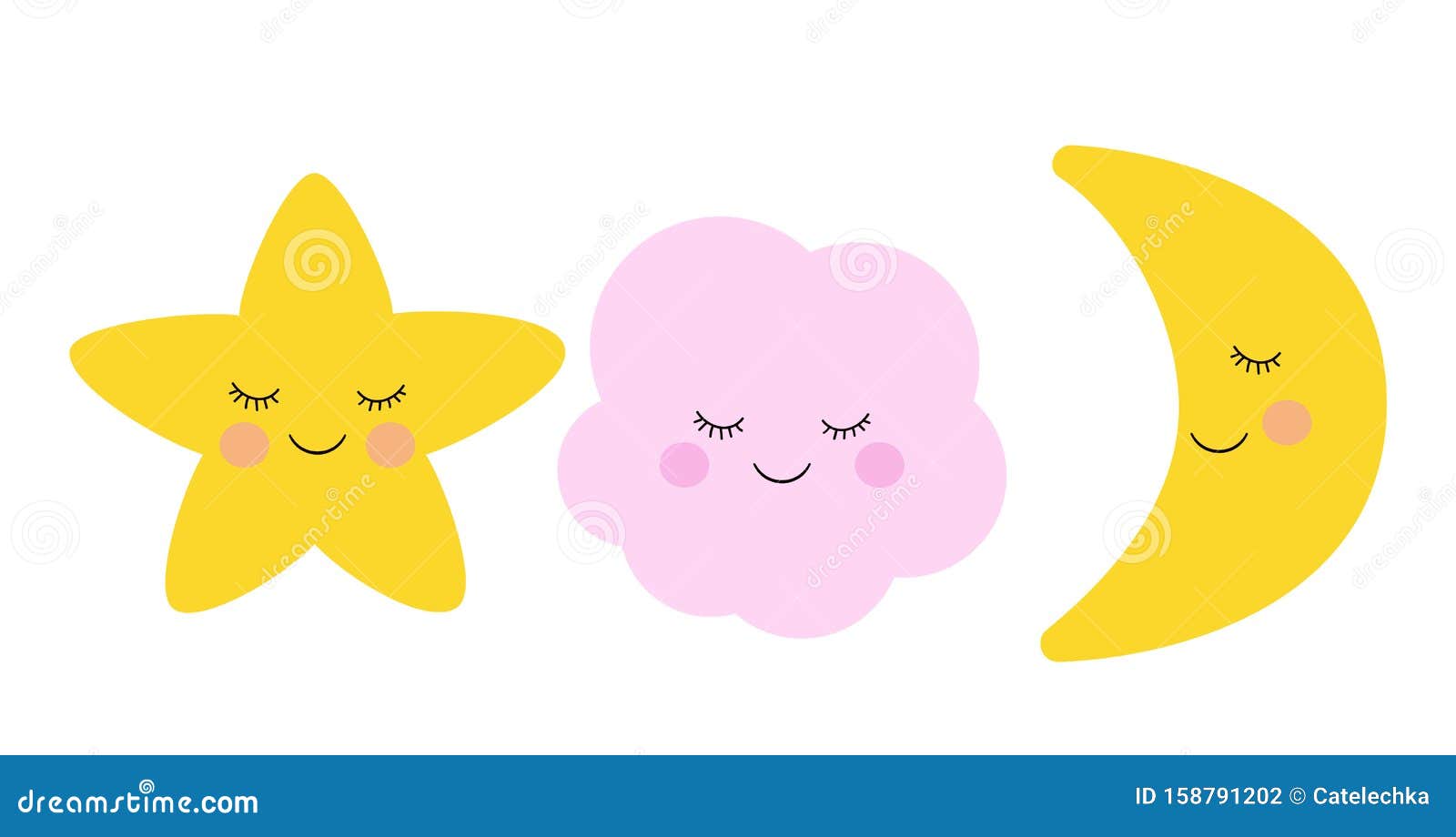Cute Sun And Star Smiling Cartoon Characters. Moon Sleeping On Dark ...