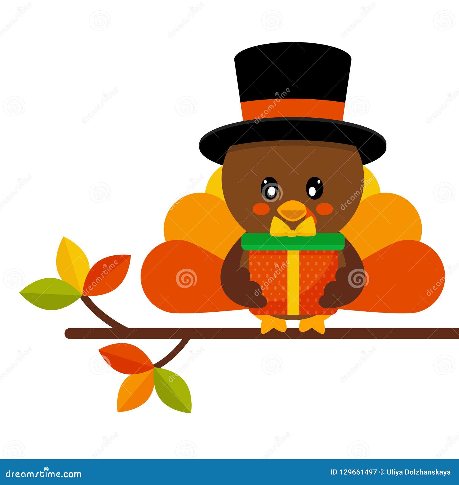 Cartoon Cute Turkey in Hat Vector with Gift on a Branch Stock Vector ...