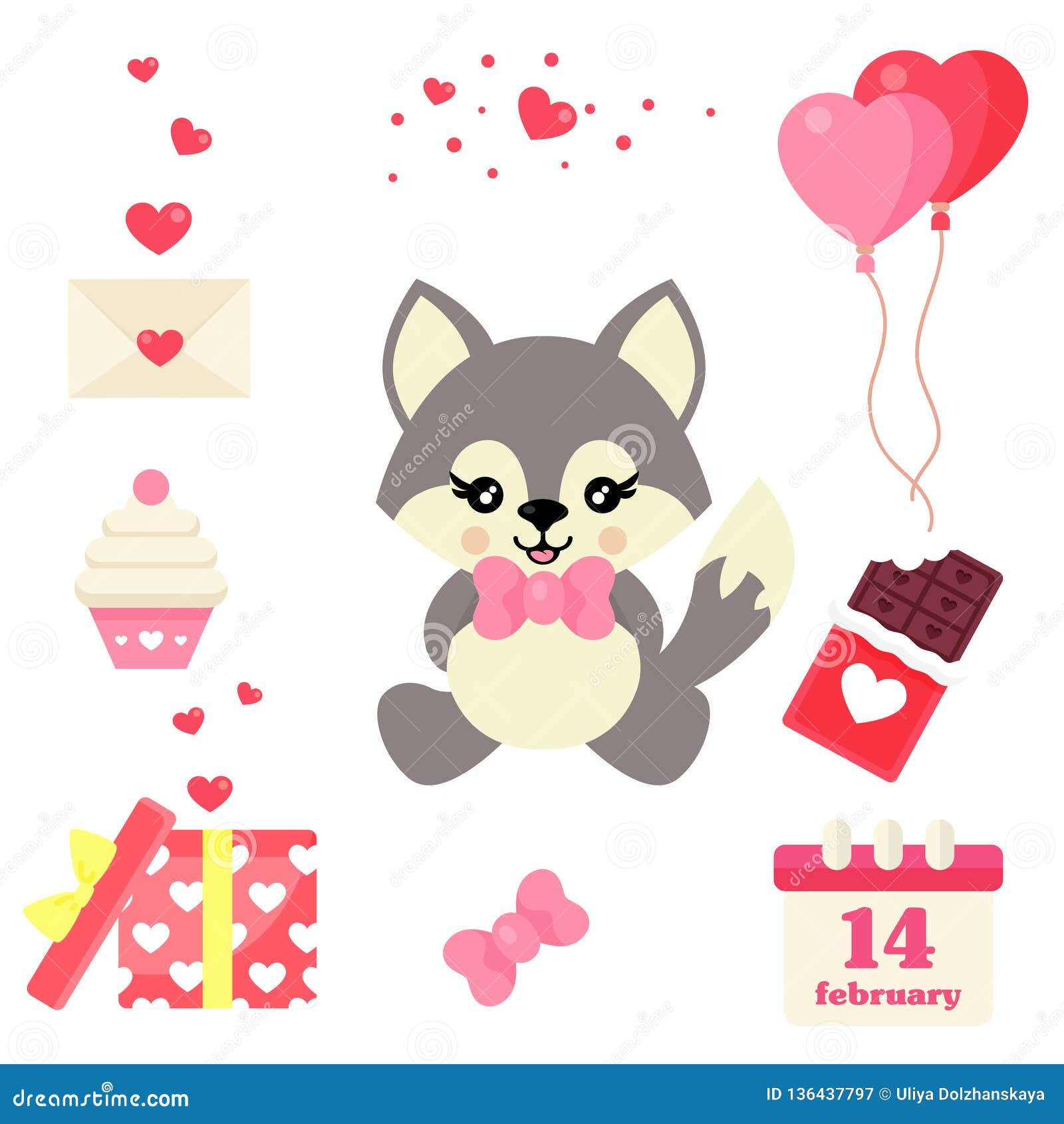 Cartoon Cute Wolf with Tie Sitting Vector and Valentines Day Element ...