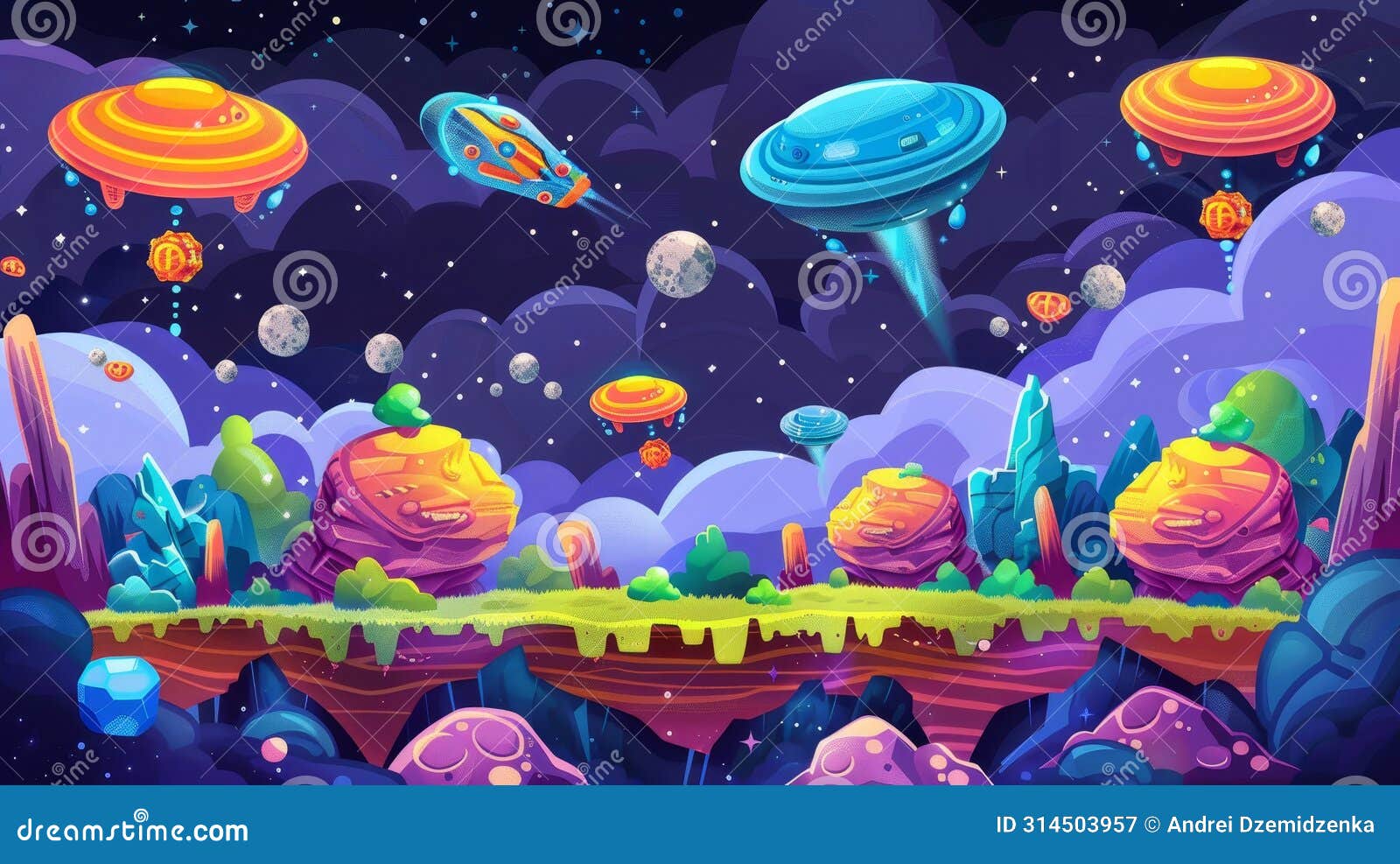 Cartoon 2D Alien Planet Landscape Image with Spaceship, Arcade Elements ...