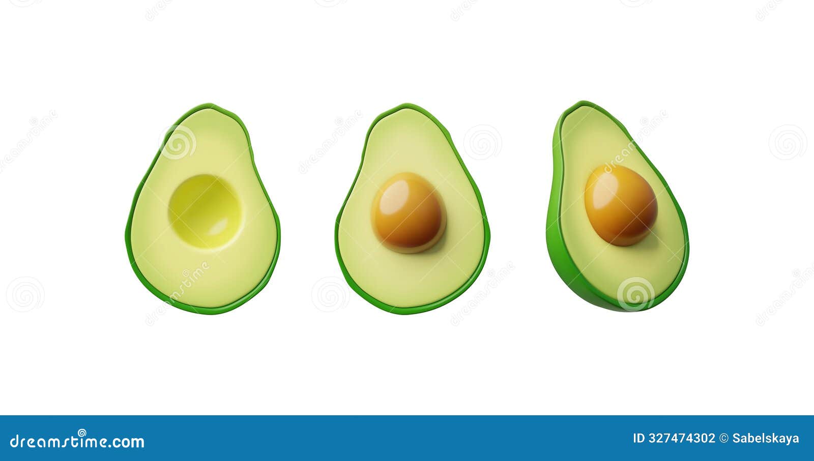 Cartoon 3D Avocado Set; Half with and without Pit. Stock Illustration ...
