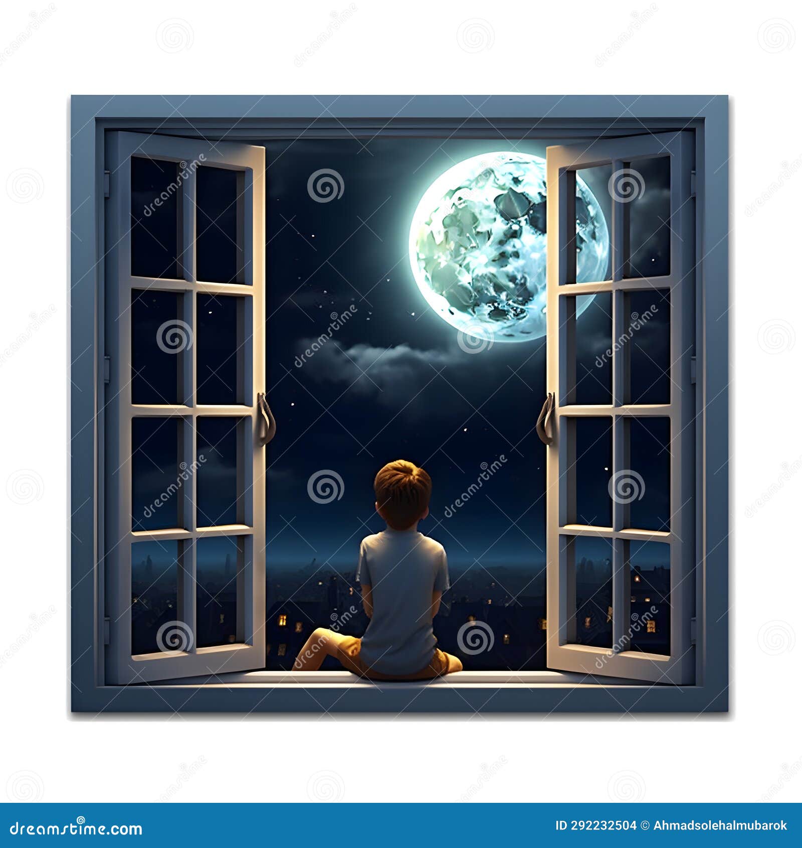 Cartoon 3d Kid Looking at the Full Moon through the Window Stock ...