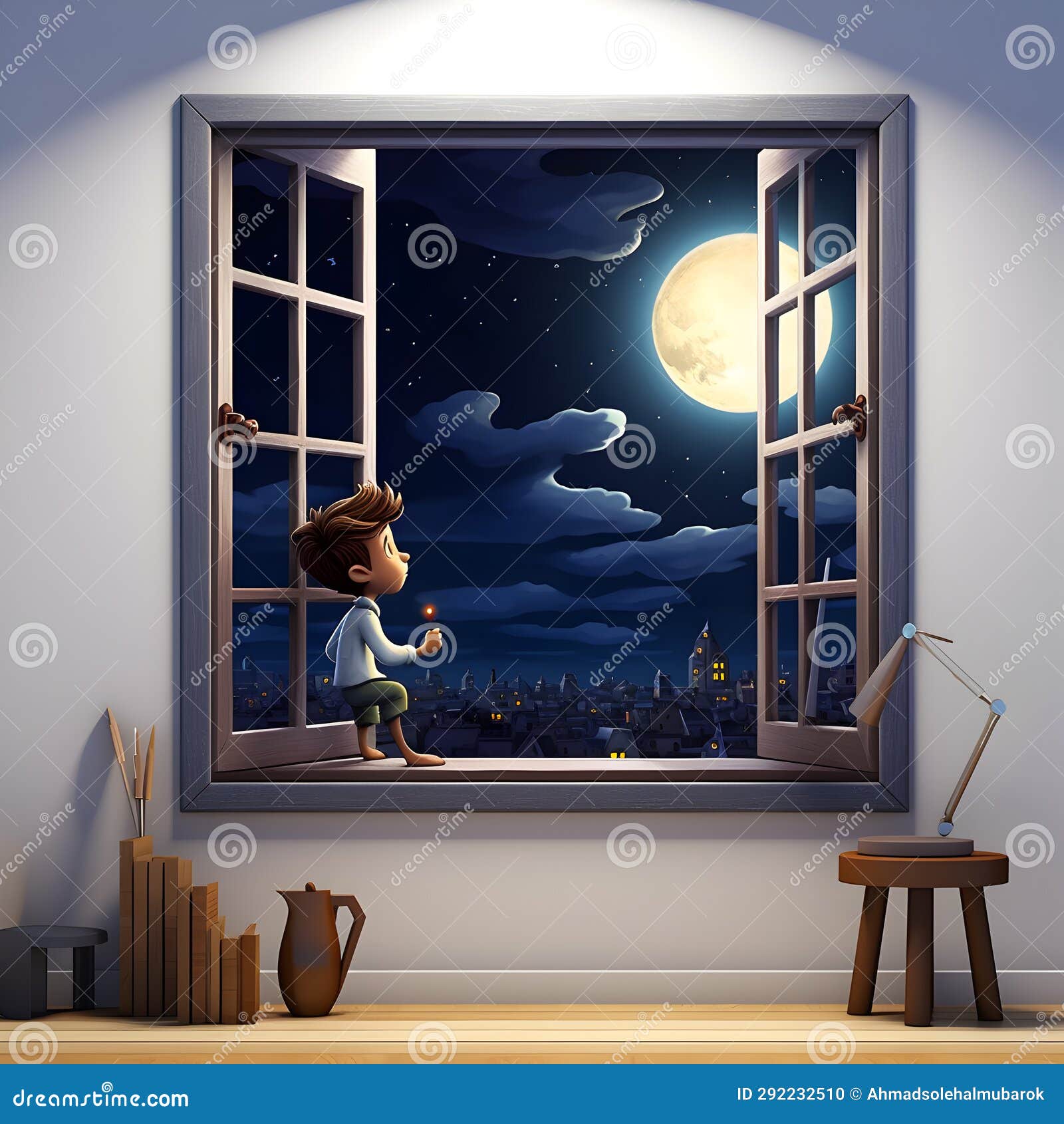 Cartoon 3d Kid Looking at the Full Moon through the Window Stock ...