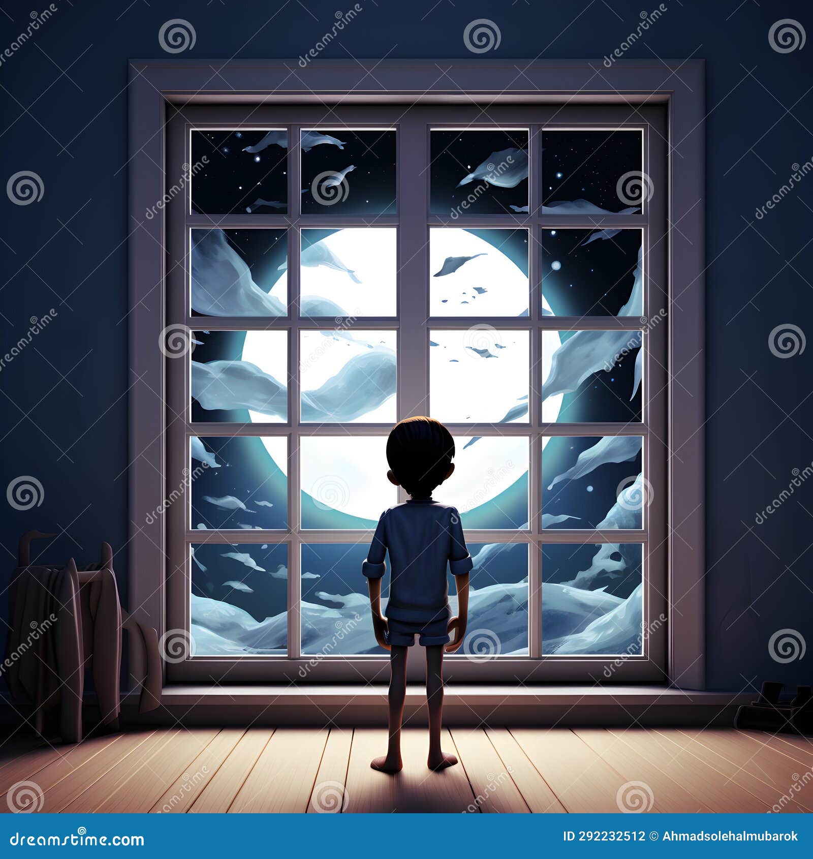 Cartoon 3d Kid Looking at the Full Moon through the Window Stock ...