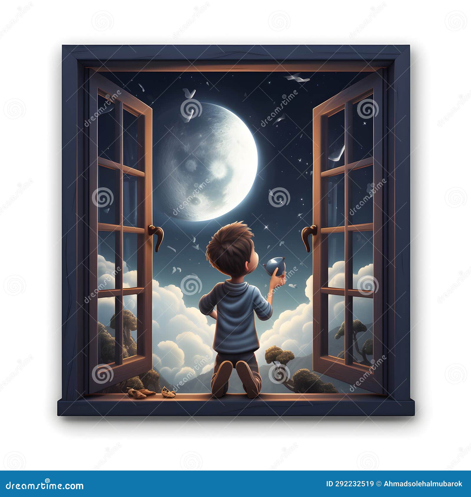 Cartoon 3d Kid Looking at the Full Moon through the Window Stock ...